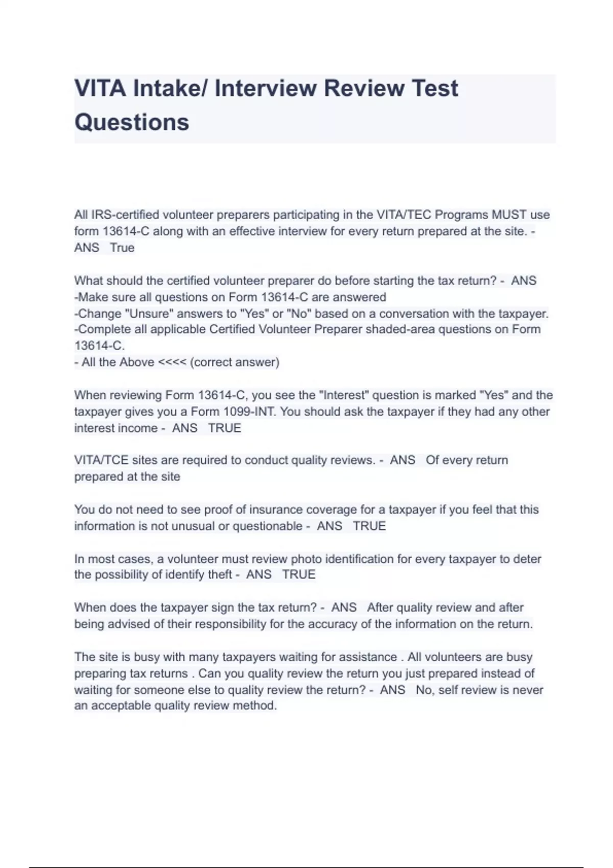 VITA Intake/ Interview Review Test Questions / Answers - VITA - Stuvia US