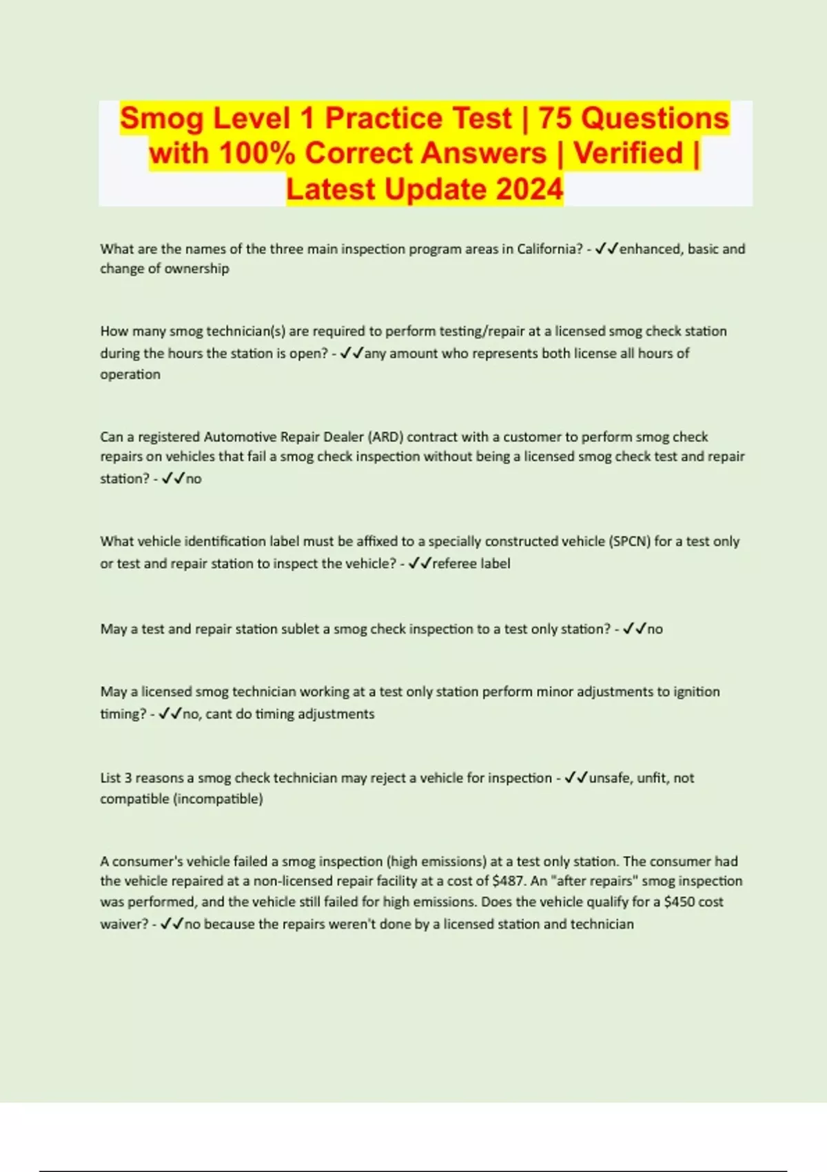Smog Level 1 Practice Test | 75 Questions with 100% Correct Answers ...
