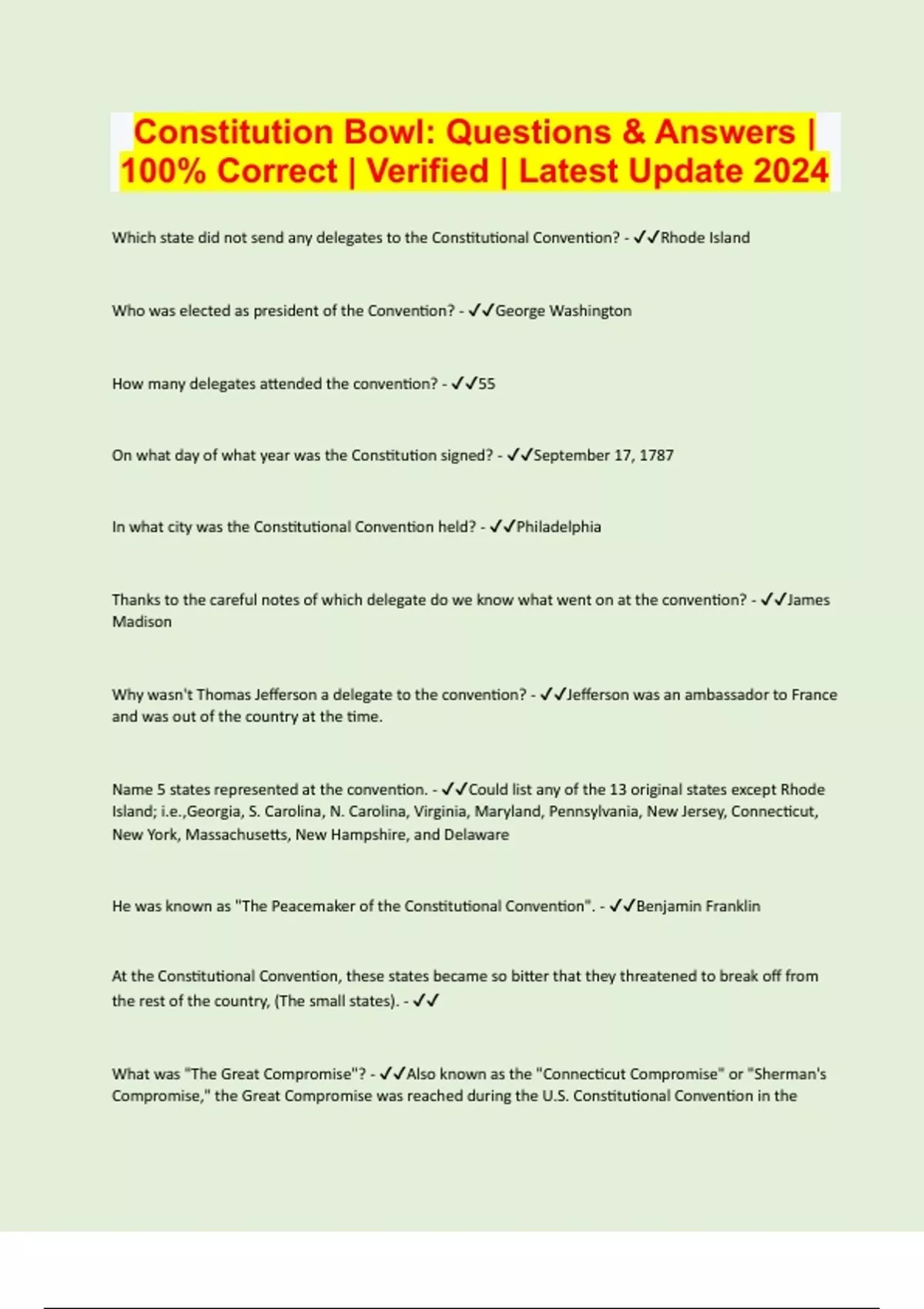 Constitution Bowl: Questions & Answers | 100% Correct | Verified ...