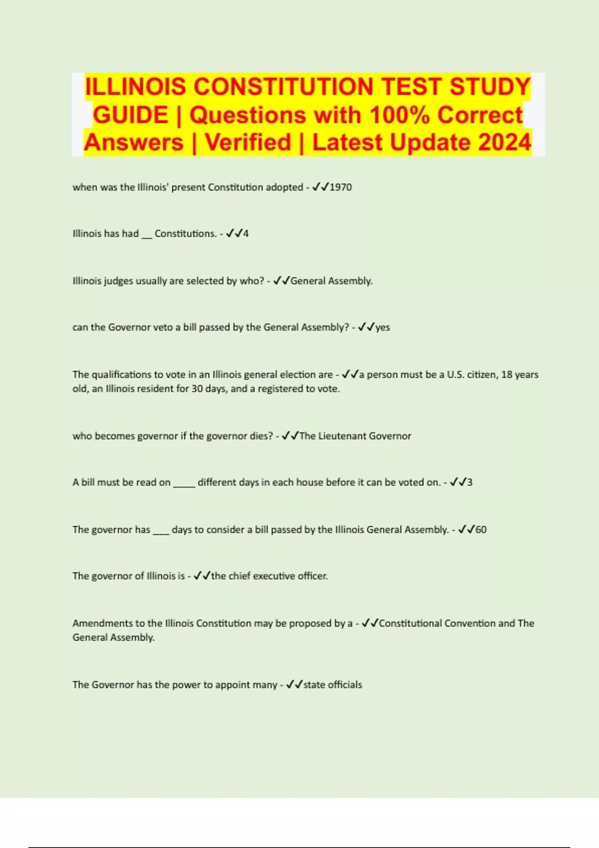 ILLINOIS CONSTITUTION TEST STUDY GUIDE | Questions with 100% Correct ...