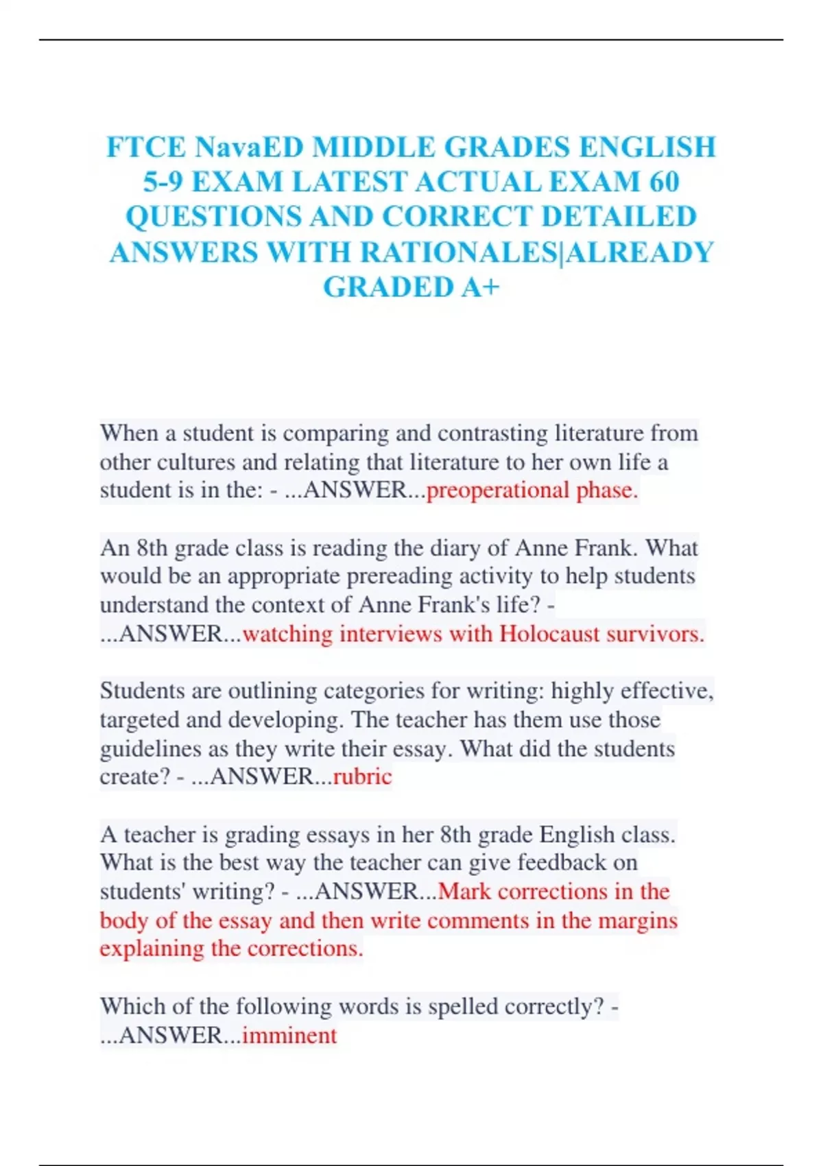 FTCE NavaED MIDDLE GRADES ENGLISH 5-9 EXAM LATEST ACTUAL EXAM 60 ...