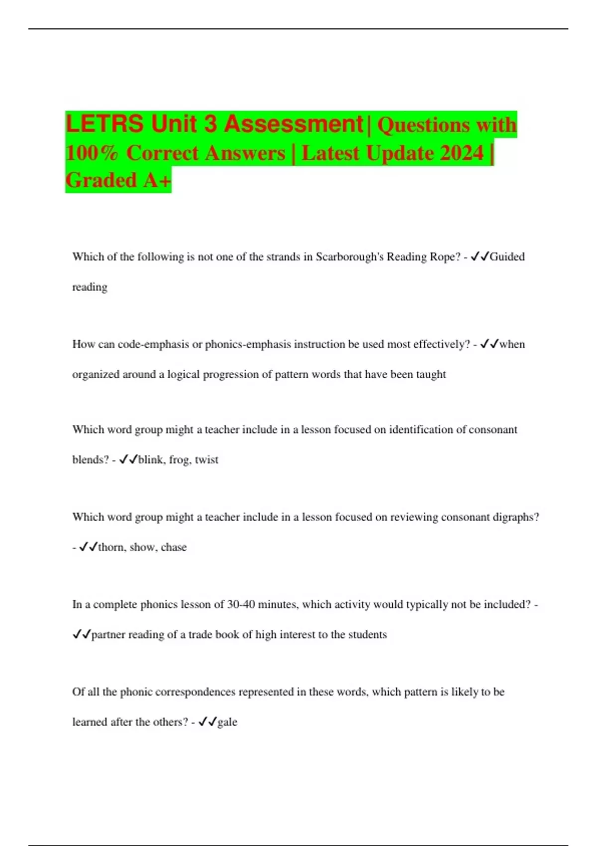 LETRS Unit 3 Assessment| Questions with 100% Correct Answers | Latest ...