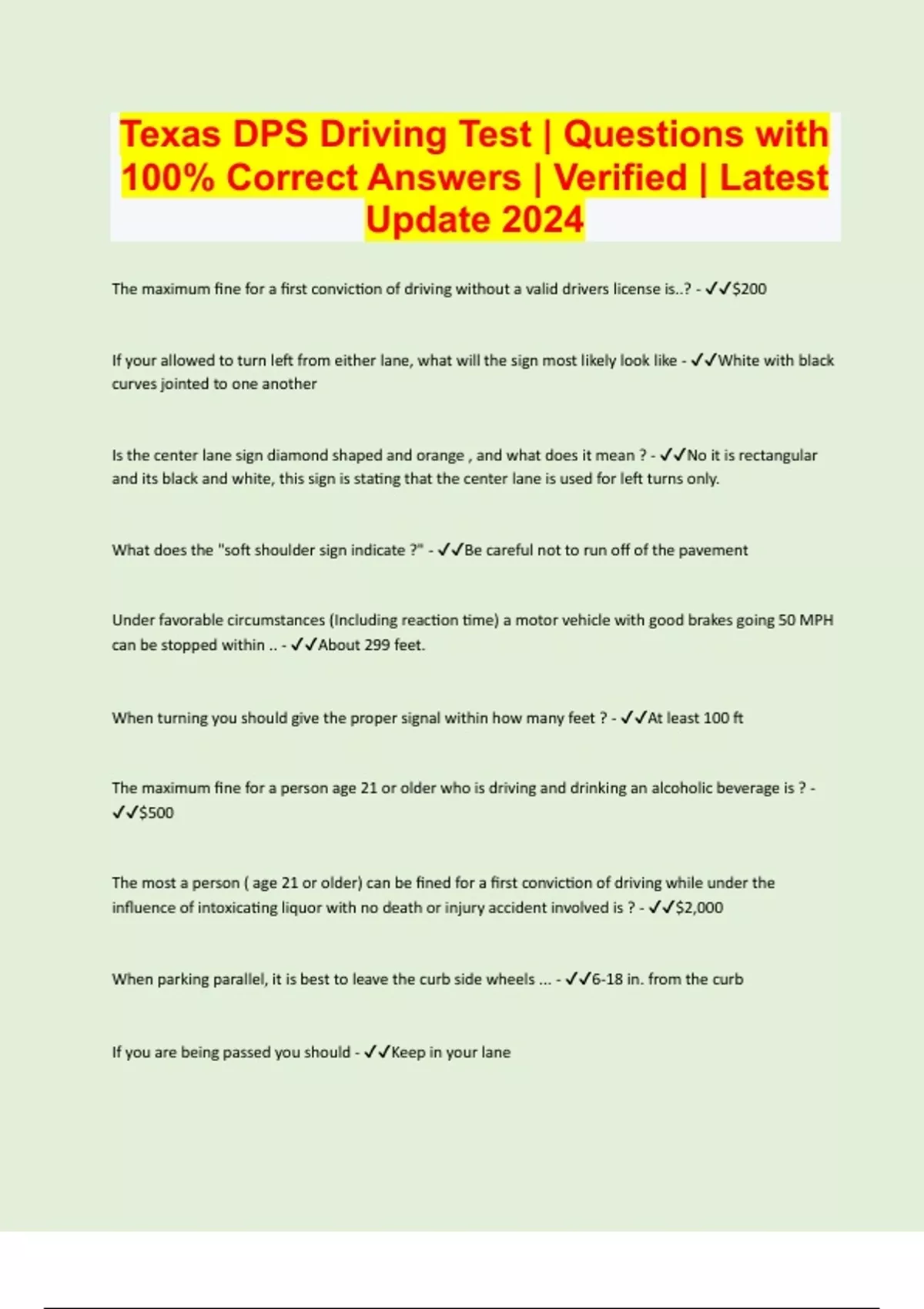 Texas DPS Driving Test | Questions with 100% Correct Answers | Verified ...