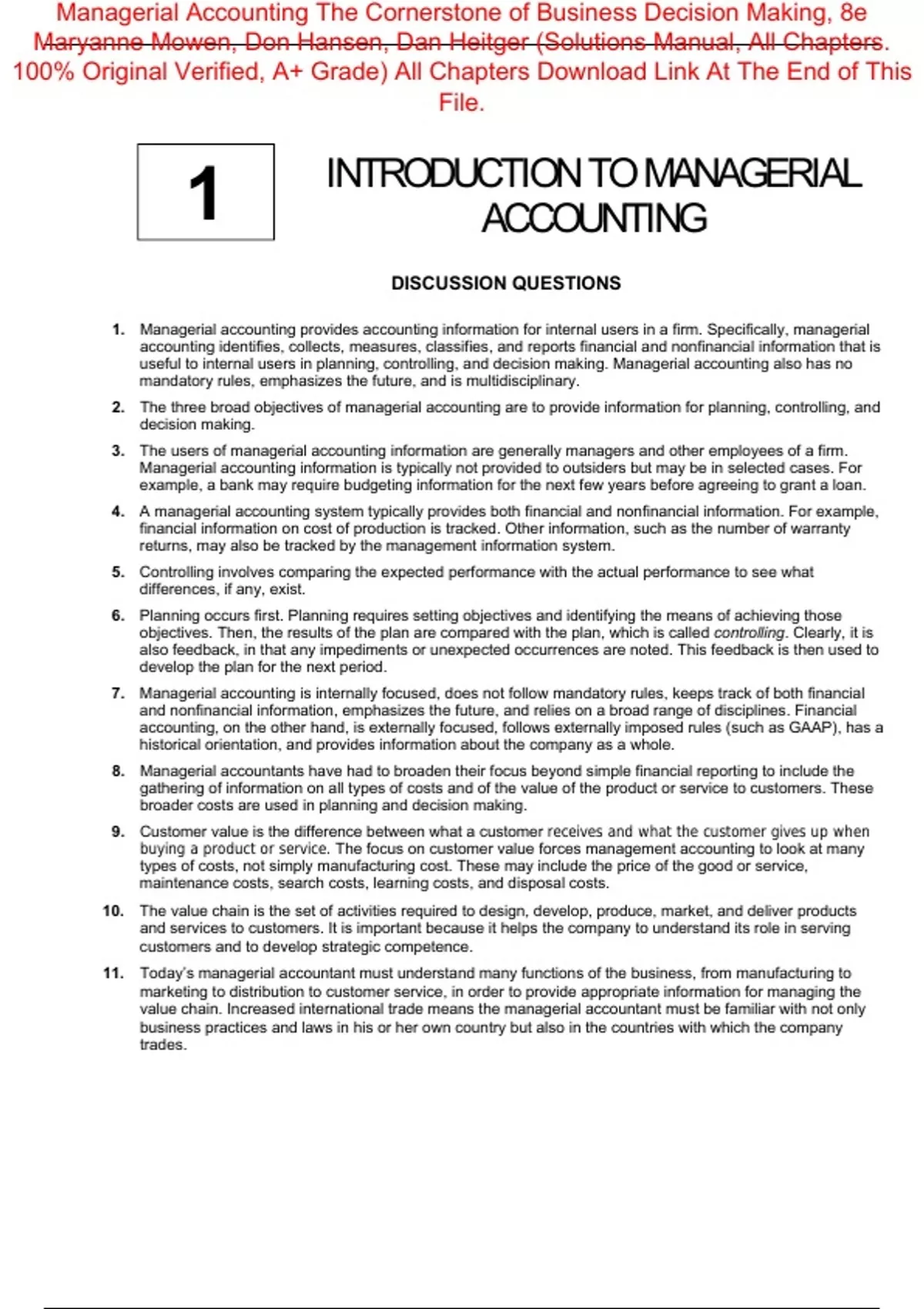 Solutions Manual for Managerial Accounting The Cornerstone of Business ...