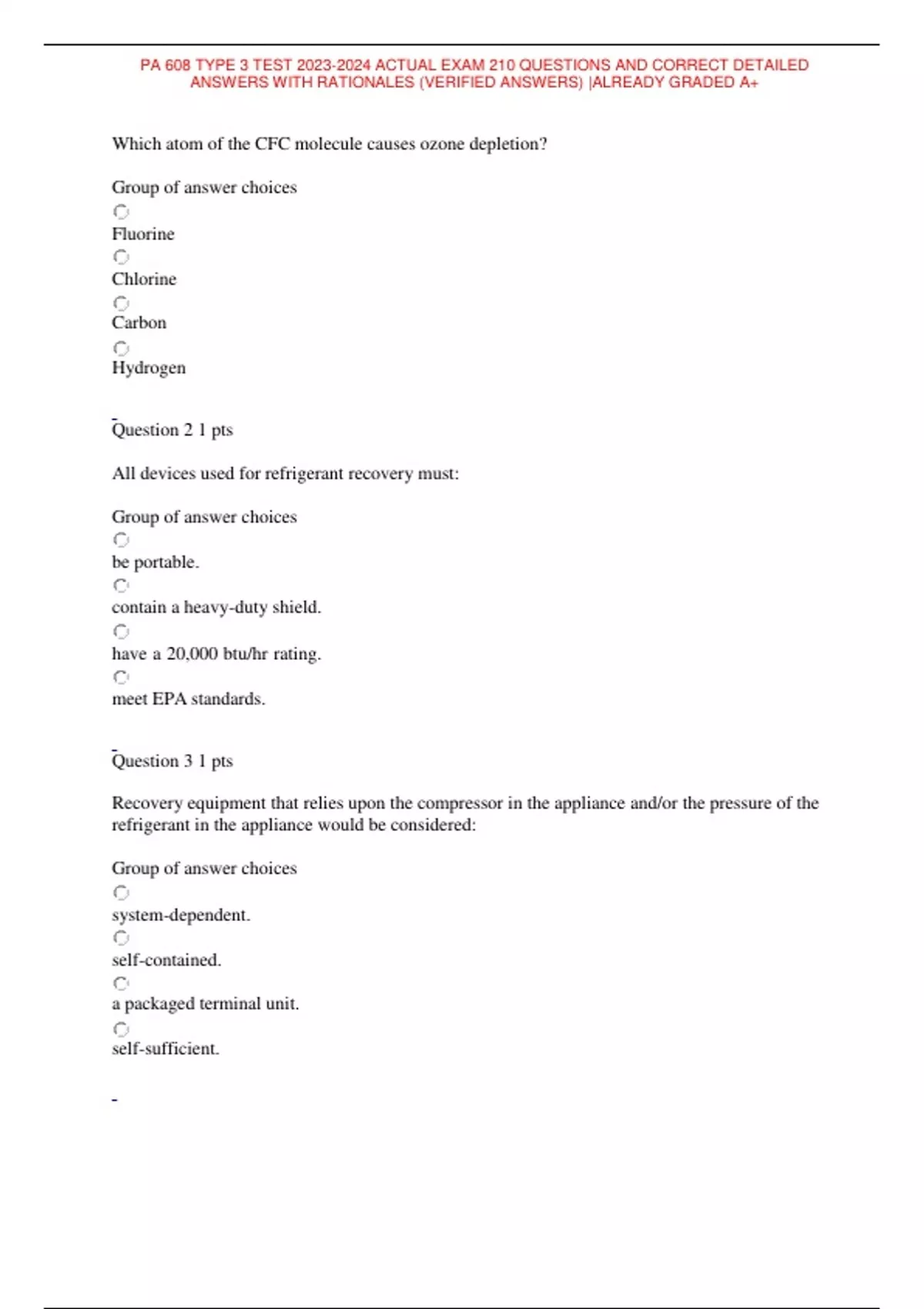 PA 608 TYPE 3 TEST ACTUAL EXAM 210 QUESTIONS AND CORRECT DETAILED ...