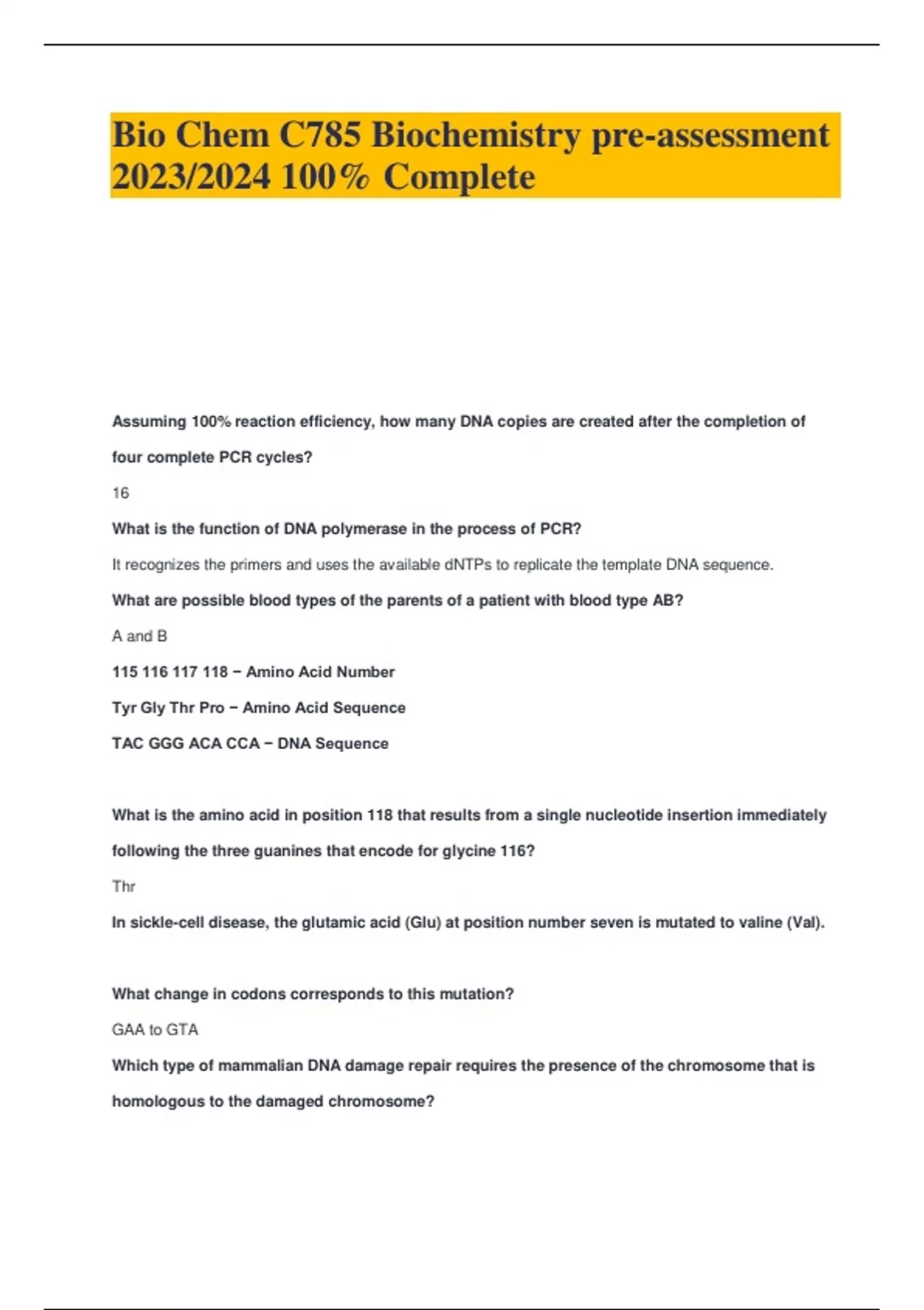 Bio Chem C785 Biochemistry pre-assessment 2023/2024 100% Complete - WGU ...
