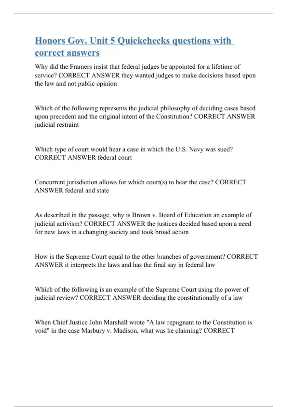 Honors Gov. Unit 5 Quickchecks questions with correct answers - Honors Gov - Stuvia US