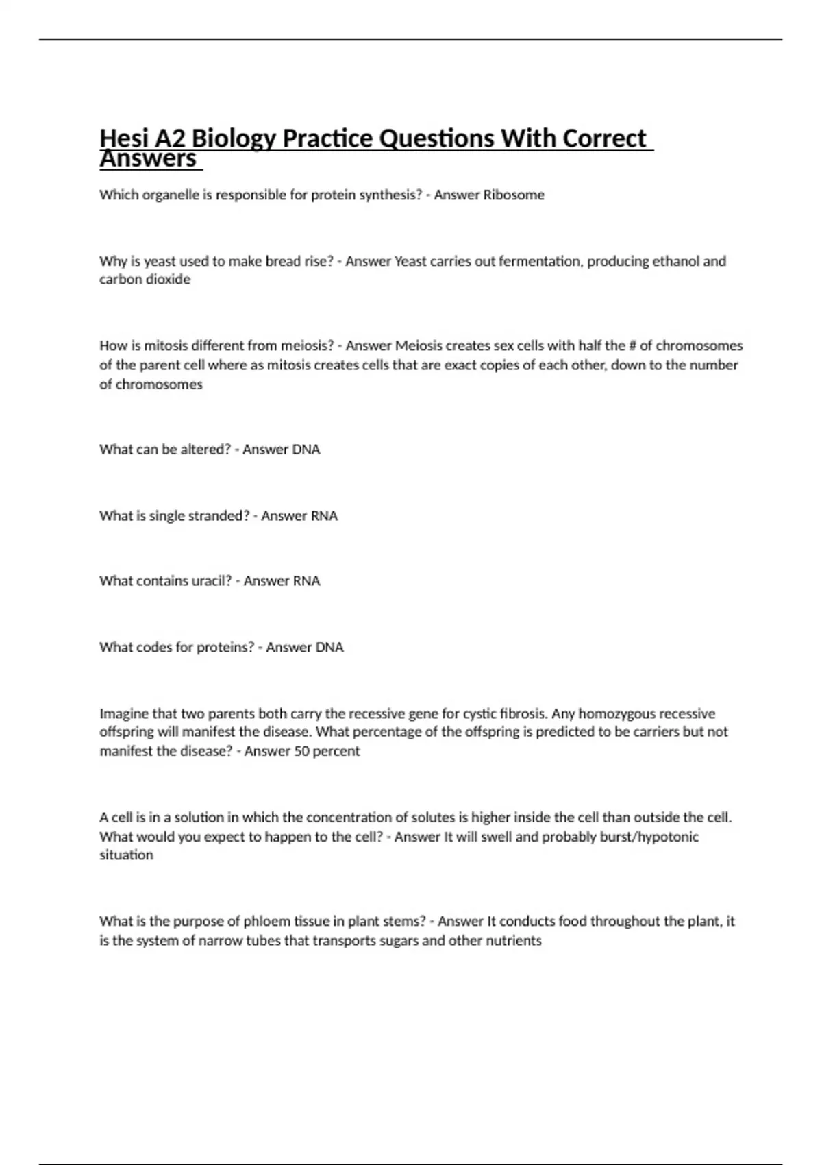 Hesi A2 Biology Practice Questions With Correct Answers - Stuvia US