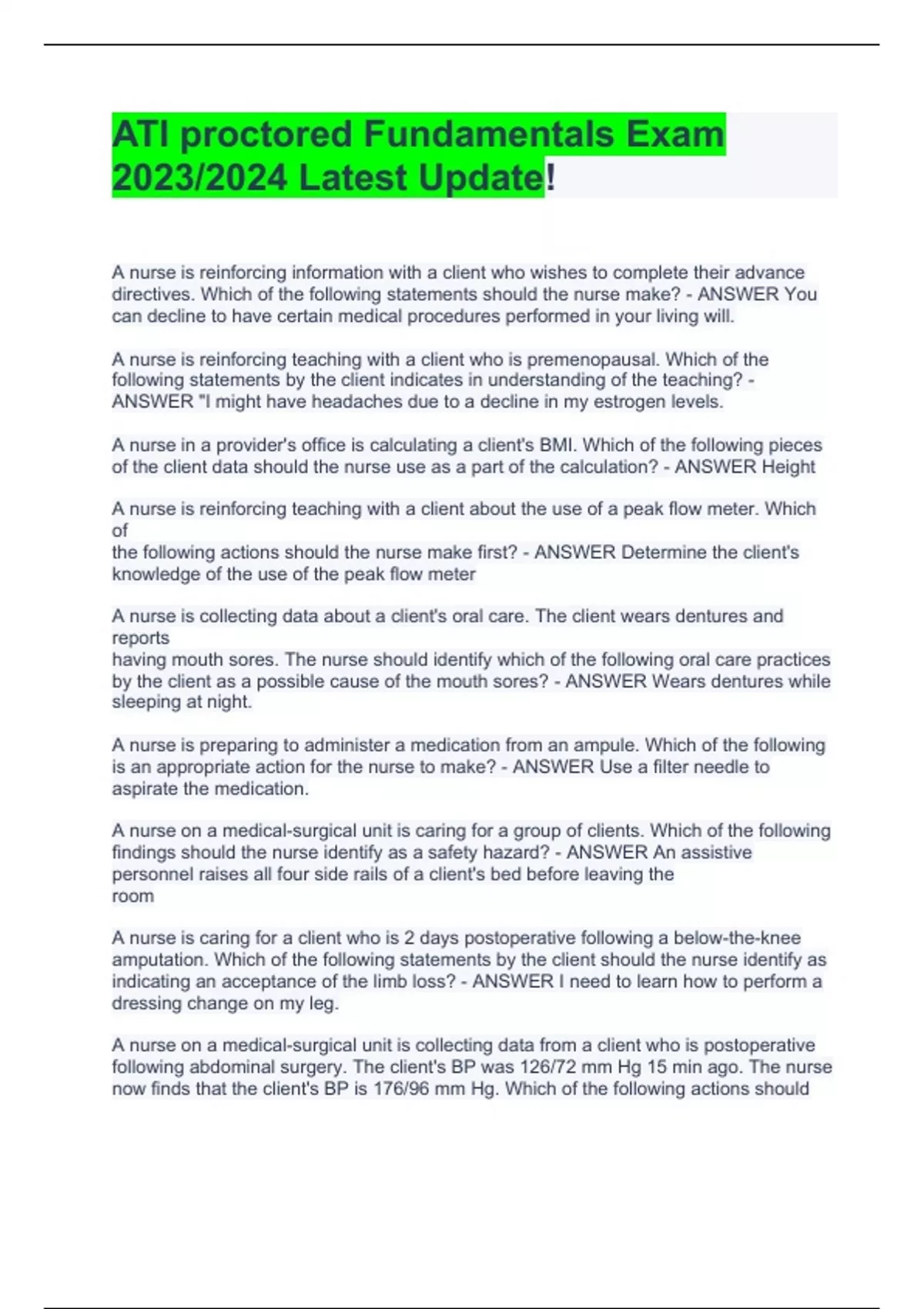 ATI proctored Fundamentals Exam 2023/2024 Latest Update! - ATI ...