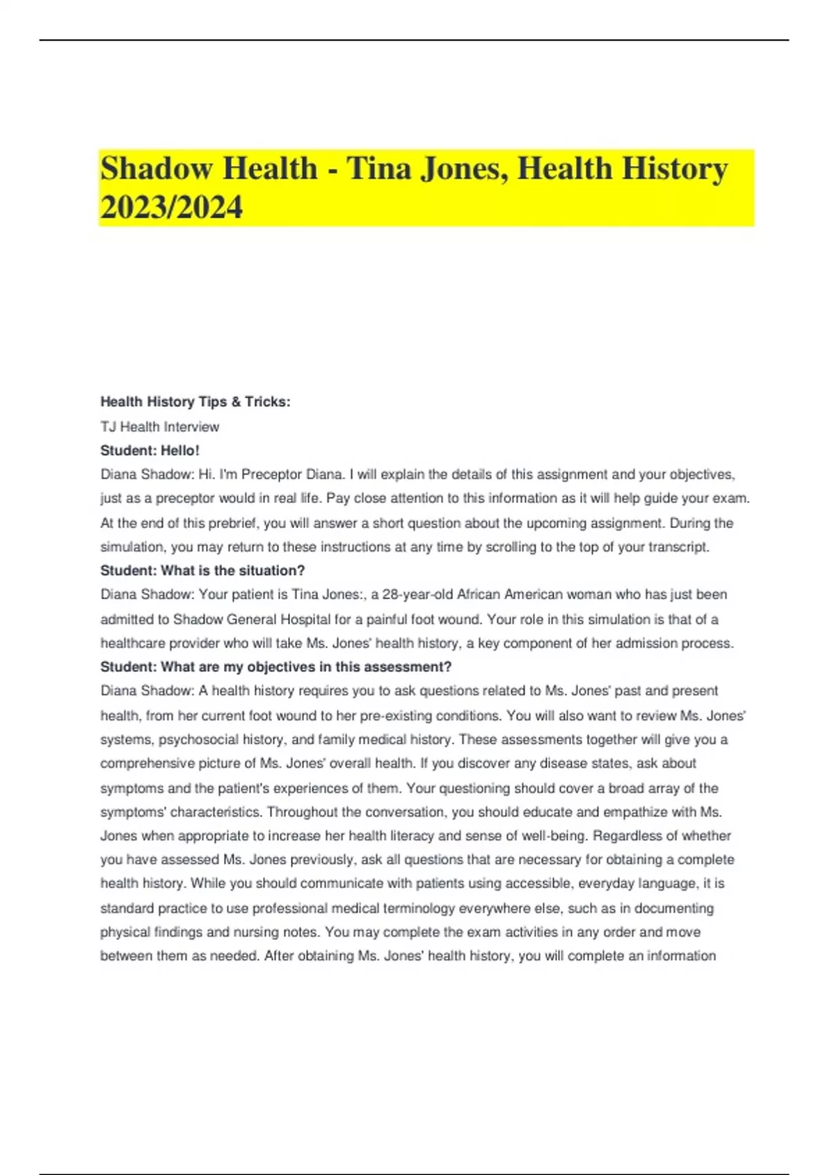 Shadow Health - Tina Jones, Health History 2023/2024 - Shadow Health ...