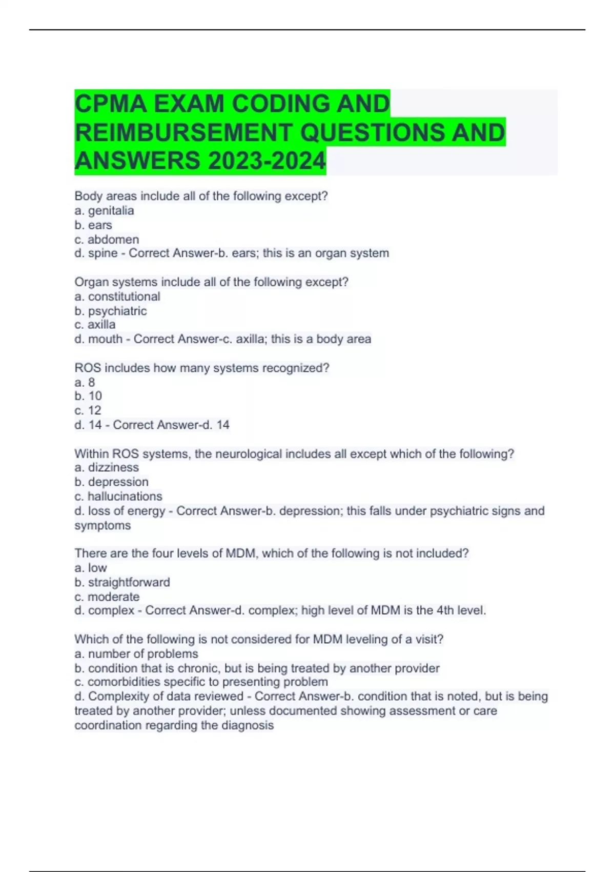 CPMA EXAM CODING AND REIMBURSEMENT QUESTIONS AND ANSWERS - CPMA - Stuvia US