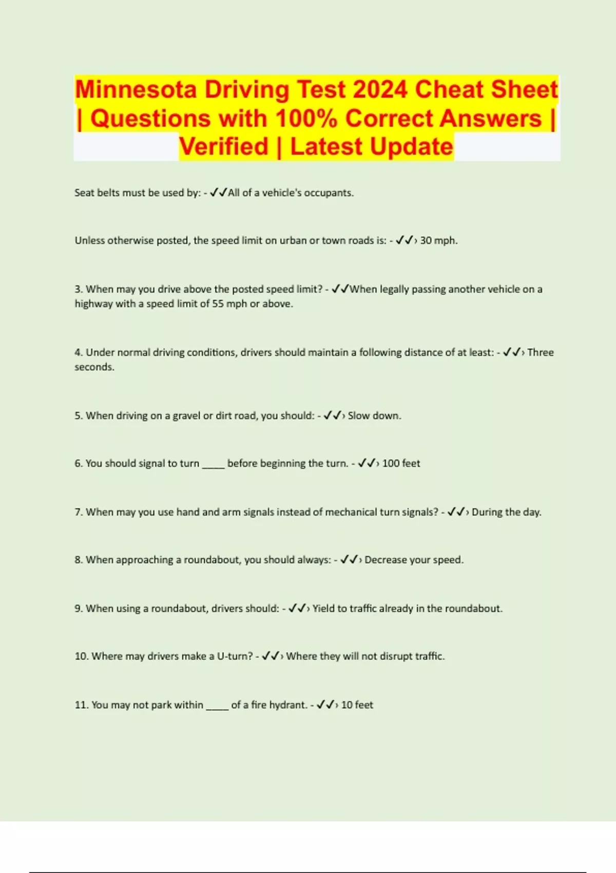 Minnesota Driving Test 2024 Cheat Sheet | Questions with 100% Correct ...