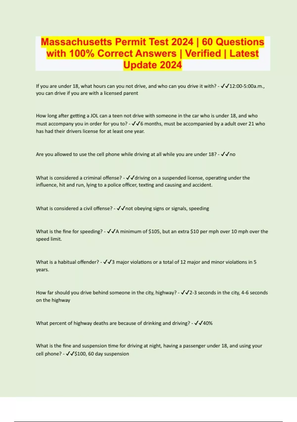 Massachusetts Permit Test 2024 | 60 Questions with 100% Correct Answers ...