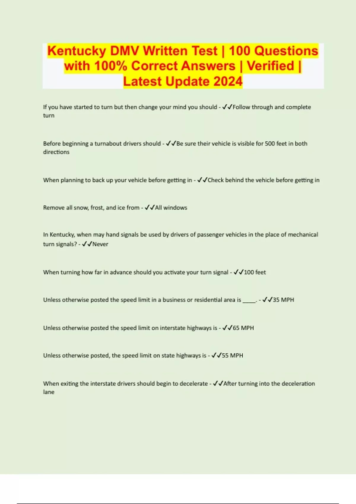 Kentucky DMV Written Test | 100 Questions with 100% Correct Answers ...