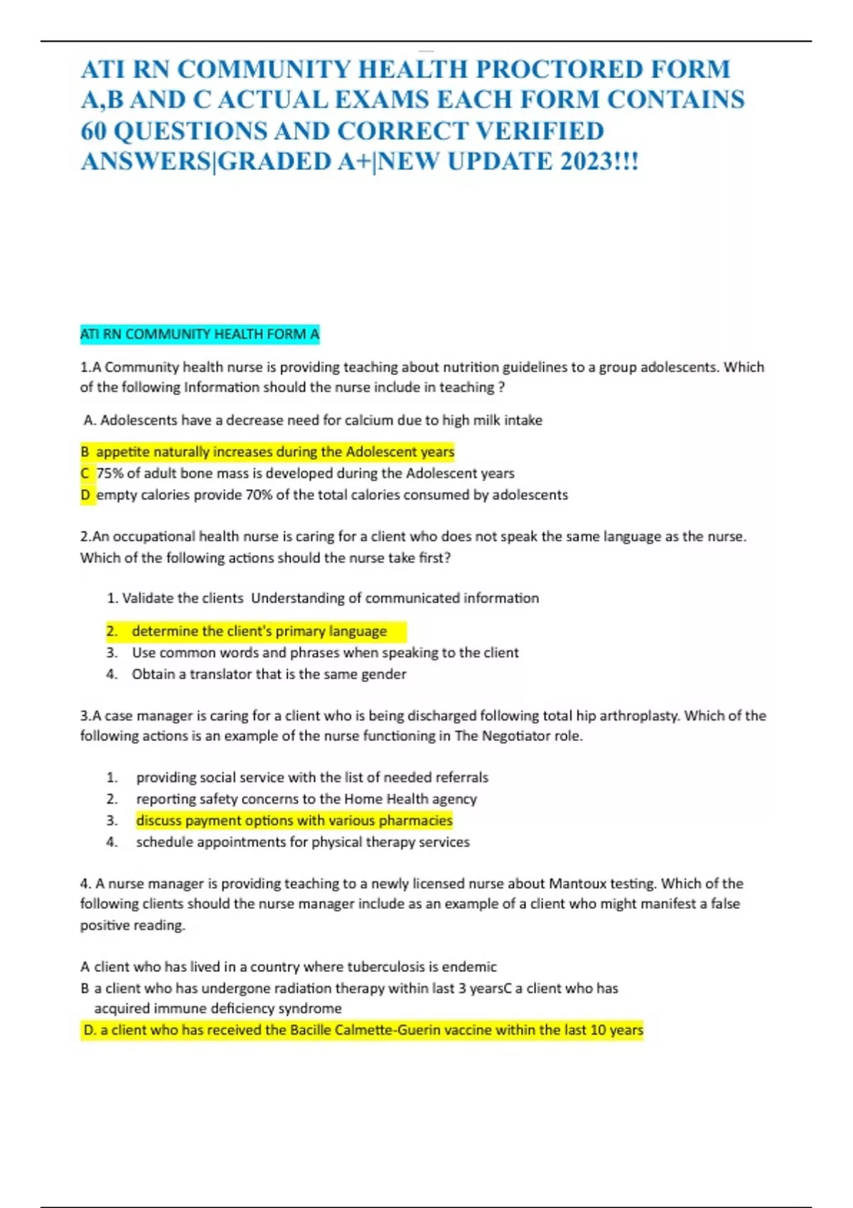 ATI RN COMMUNITY HEALTH PROCTORED FORM A,B AND C ACTUAL EXAMS EACH FORM ...