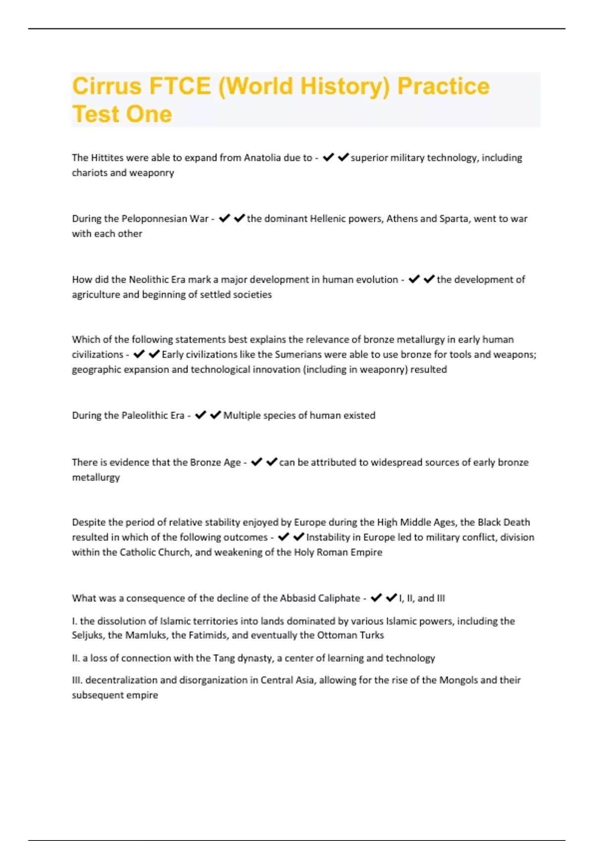 Cirrus FTCE (World History) Practice Test One Questions And Answers ...