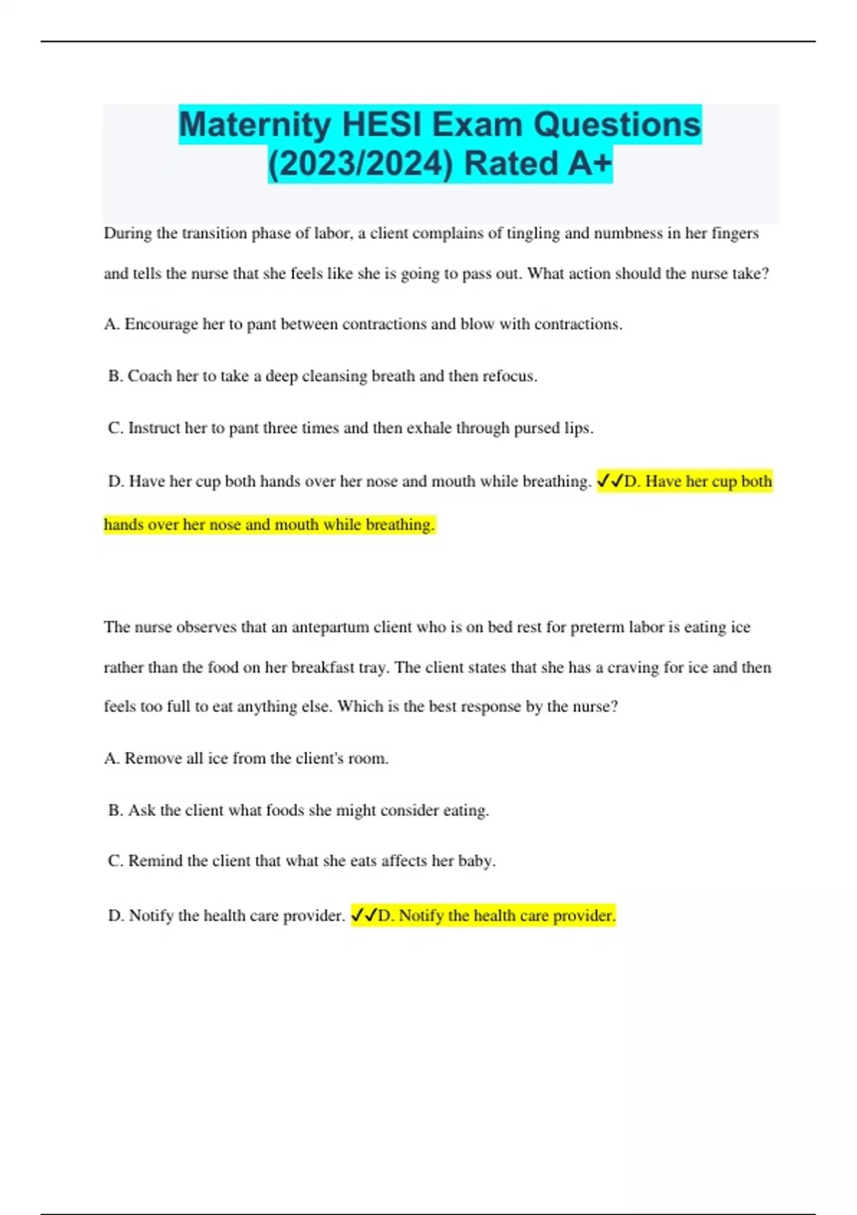 Maternity HESI Exam Questions (2023/2024) Rated A+ - Maternity HESI ...