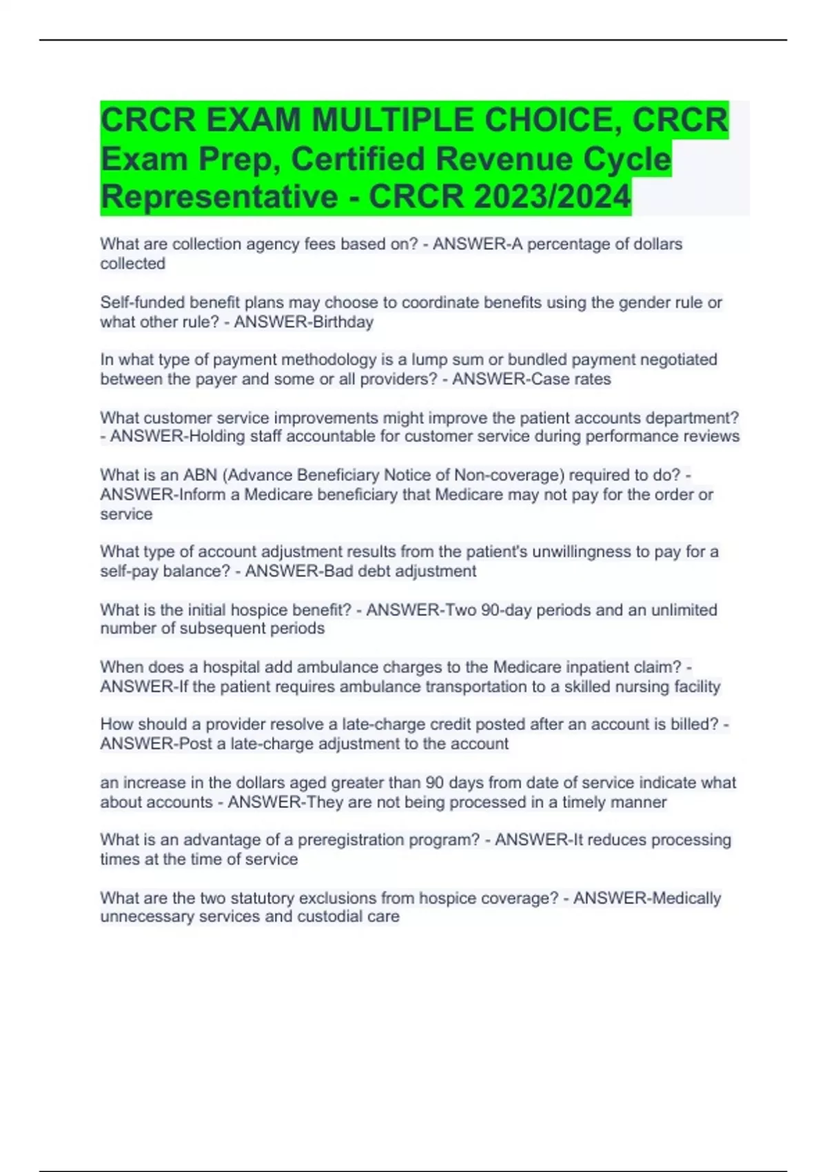 CRCR EXAM MULTIPLE CHOICE, CRCR Exam Prep, Certified Revenue Cycle ...