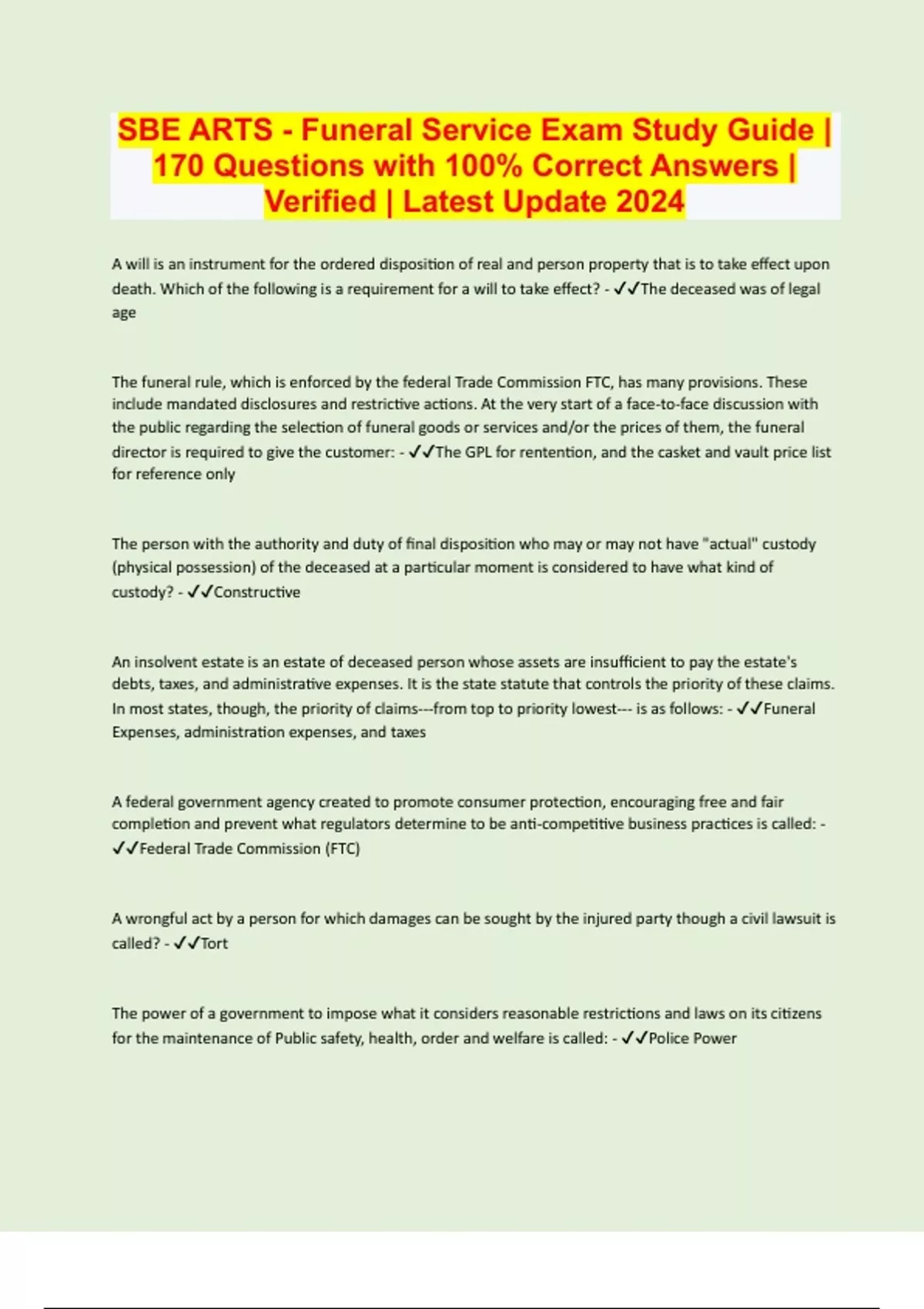 SBE ARTS - Funeral Service Exam Study Guide | 170 Questions with 100% ...