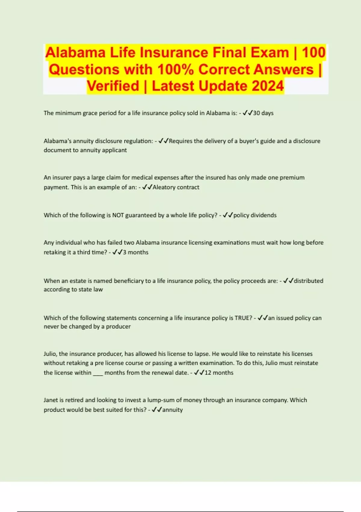 Alabama Life Insurance Final Exam | 100 Questions with 100% Correct ...