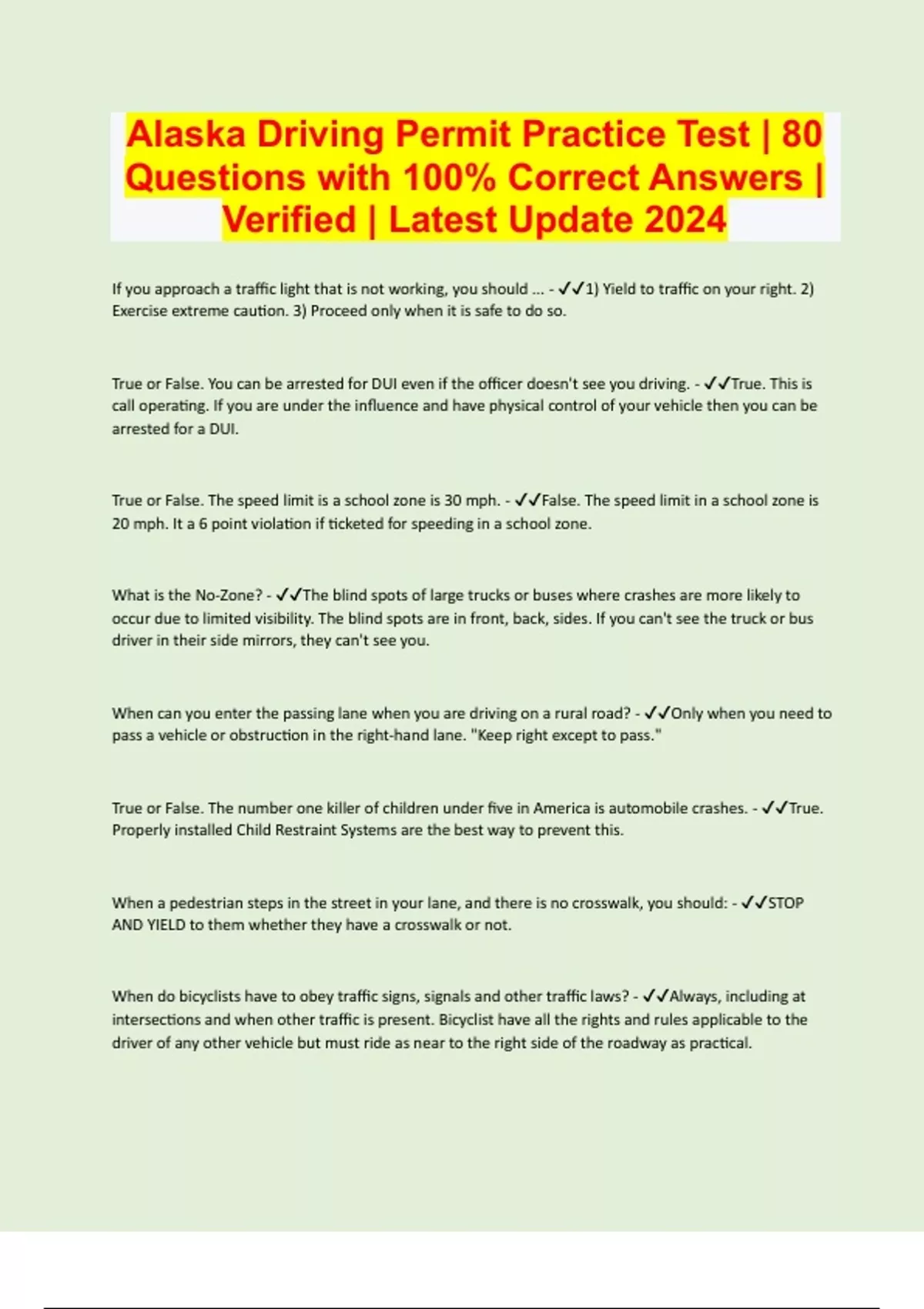 Alaska Driving Permit Practice Test | 80 Questions with 100% Correct ...