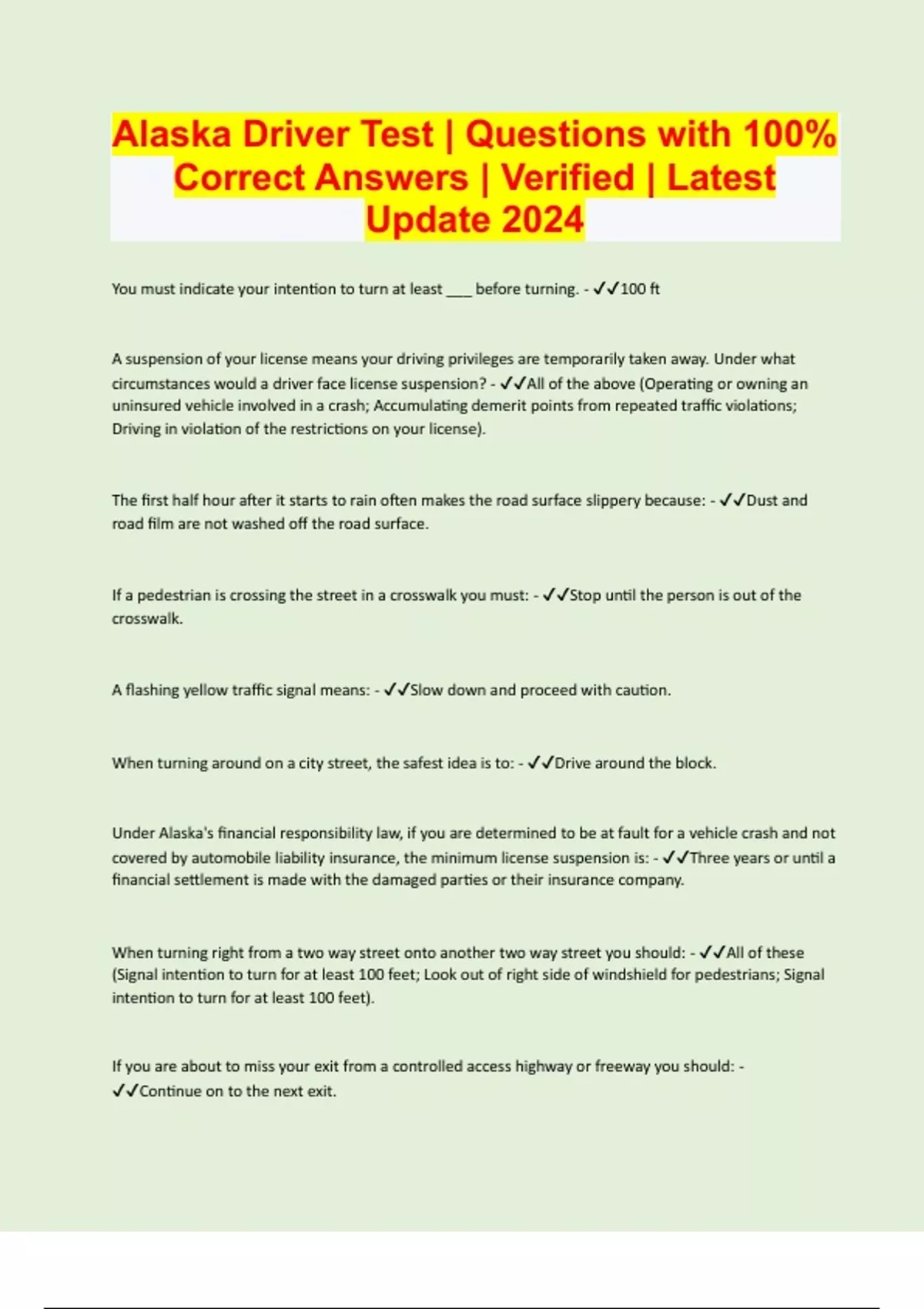 Alaska Driver Test | Questions with 100% Correct Answers | Verified ...