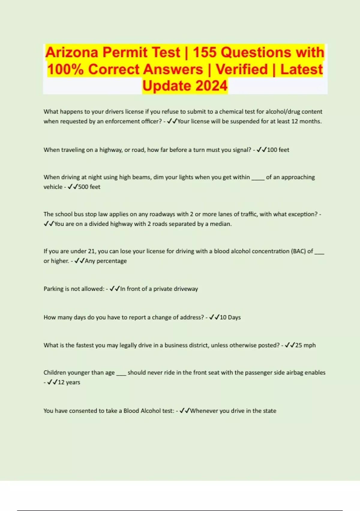 Arizona Permit Test | 155 Questions with 100% Correct Answers ...