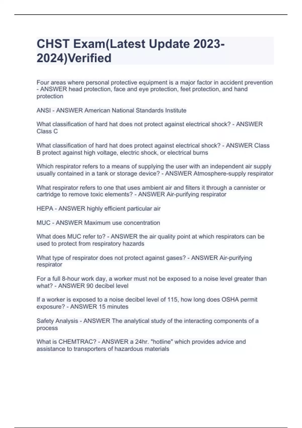 CHST Exam(Latest Update )Verified - CHST - Stuvia US