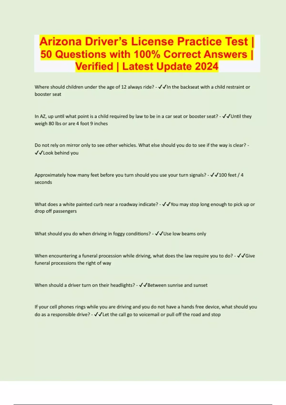 Arizona Driver’s License Practice Test | 50 Questions with 100% Correct ...