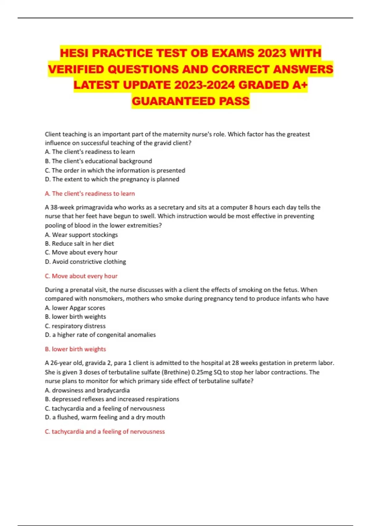 HESI PRACTICE TEST OB EXAMS 2023 WITH VERIFIED QUESTIONS AND CORRECT ...