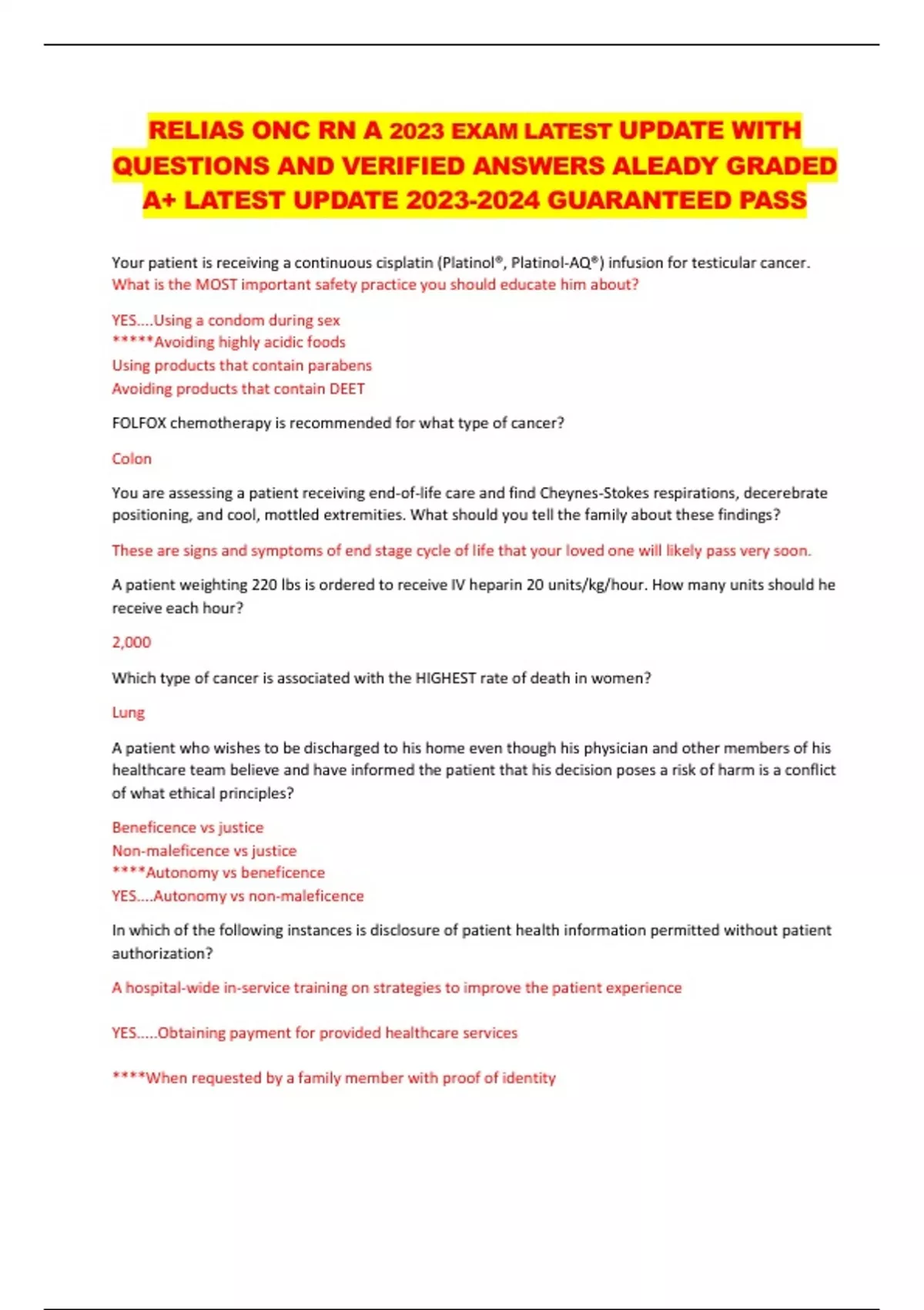 RELIAS ONC RN A 2023 EXAM LATEST UPDATE WITH QUESTIONS AND VERIFIED ...