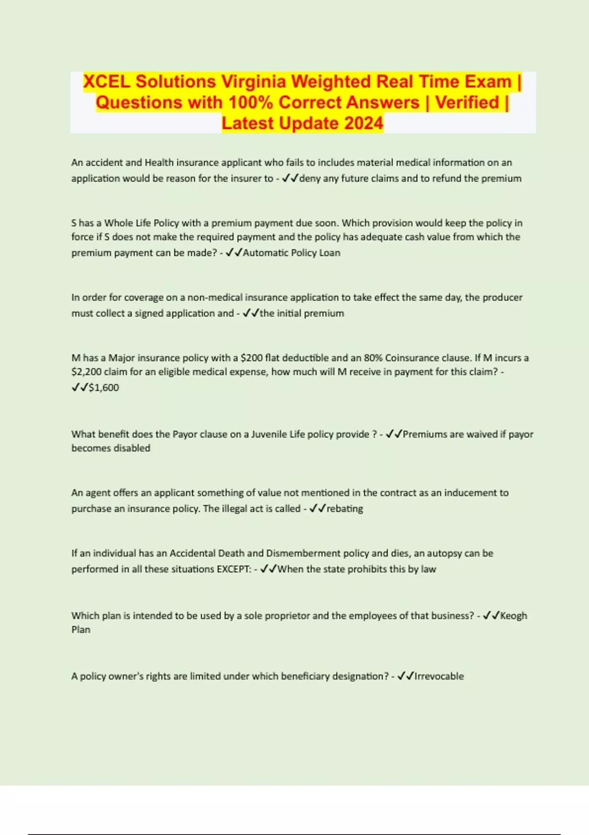 XCEL Solutions Virginia Weighted Real Time Exam | Questions with 100% Correct Answers | Verified ...