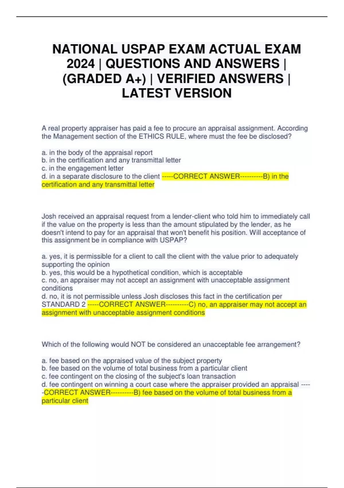 NATIONAL USPAP EXAM ACTUAL EXAM 2024 | QUESTIONS AND ANSWERS | (GRADED ...