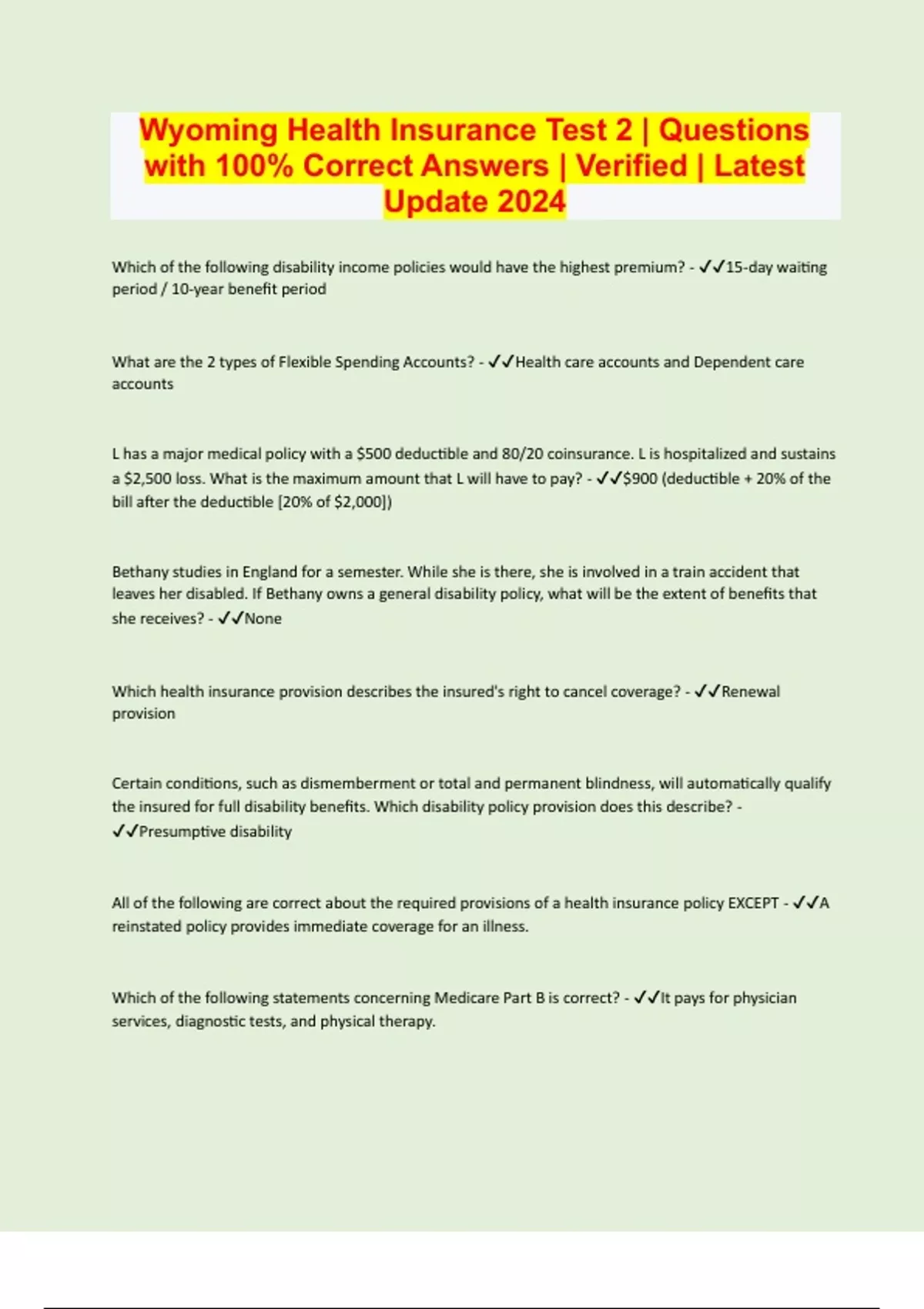 Wyoming Health Insurance Test 2 | Questions with 100% Correct Answers ...