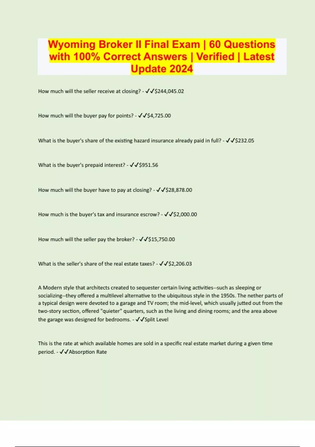 Wyoming Broker II Final Exam | 60 Questions with 100% Correct Answers ...