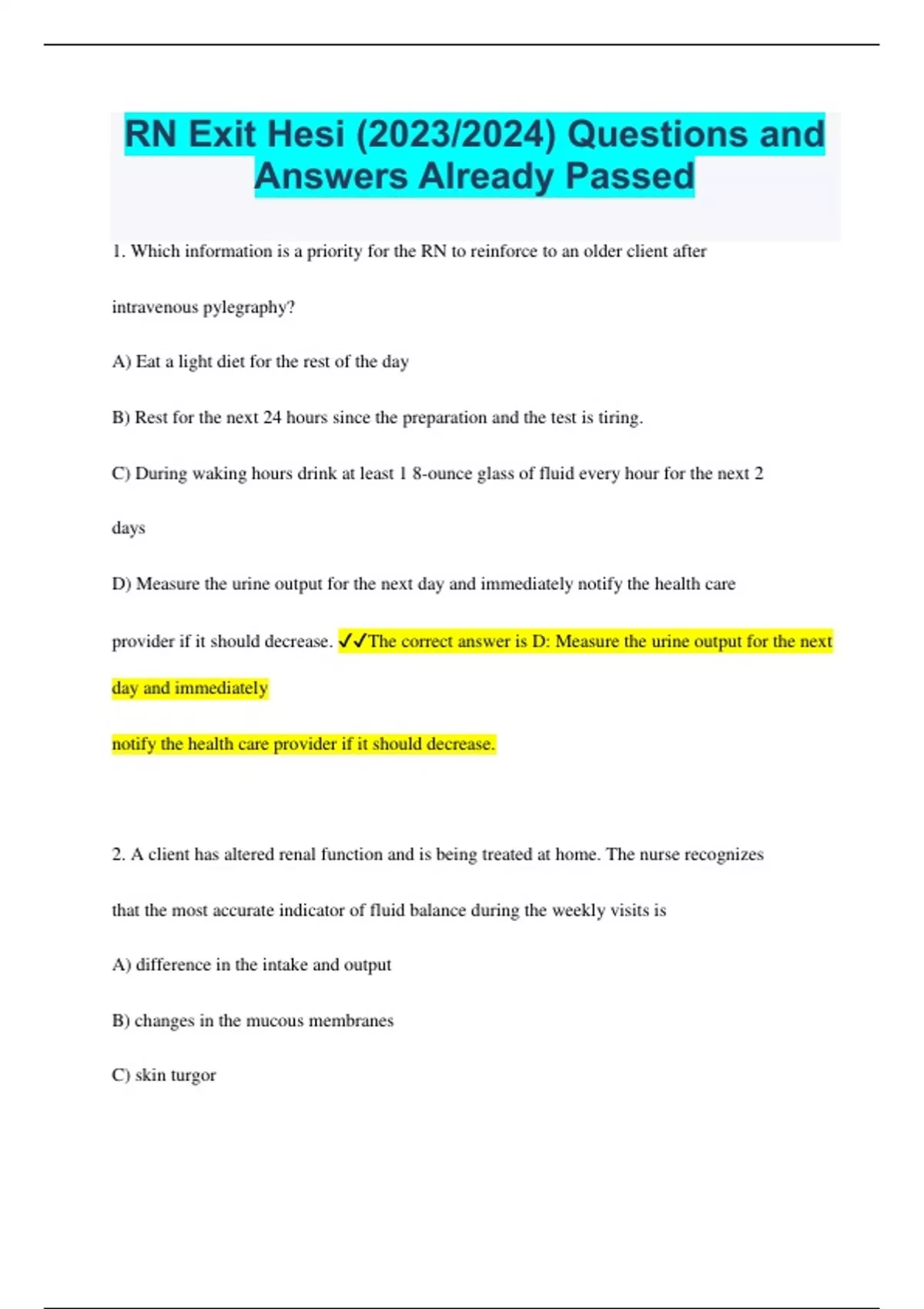 RN Exit Hesi (2023/2024) Questions and Answers Already Passed - RN Exit ...