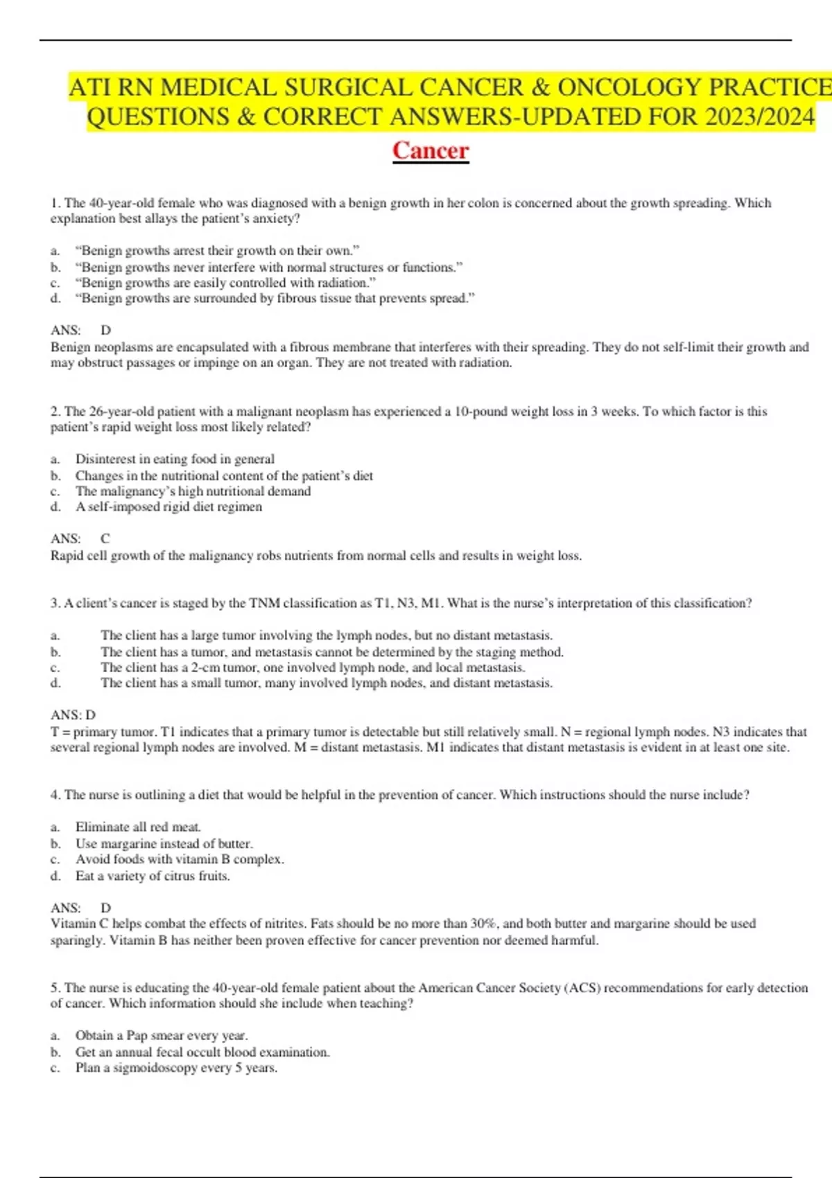 ATI RN MEDICAL SURGICAL CANCER & ONCOLOGY PRACTICE QUESTIONS & CORRECT ...