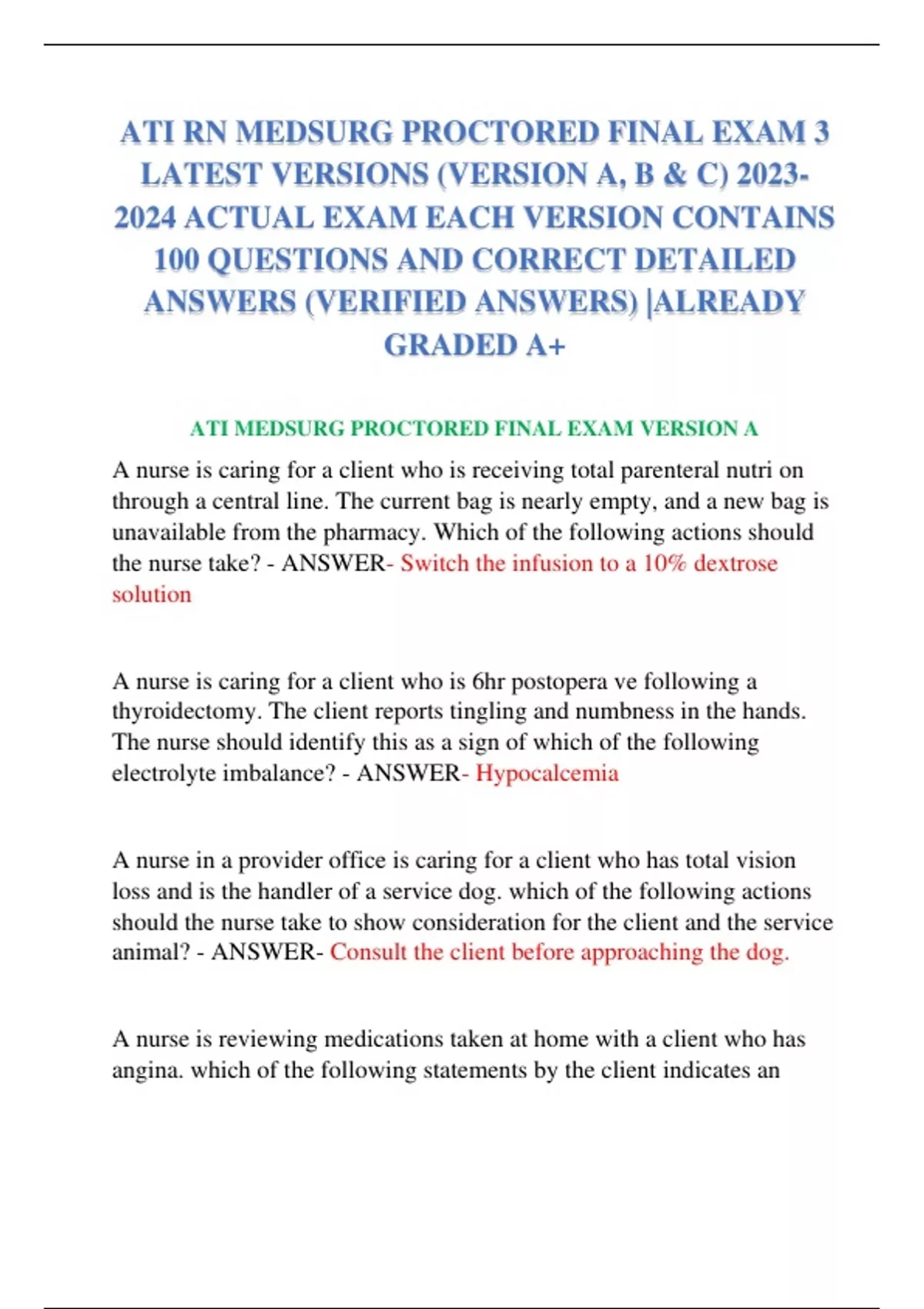ATI RN MEDSURG PROCTORED FINAL EXAM 3 LATEST VERSIONS (VERSION A, B & C ...