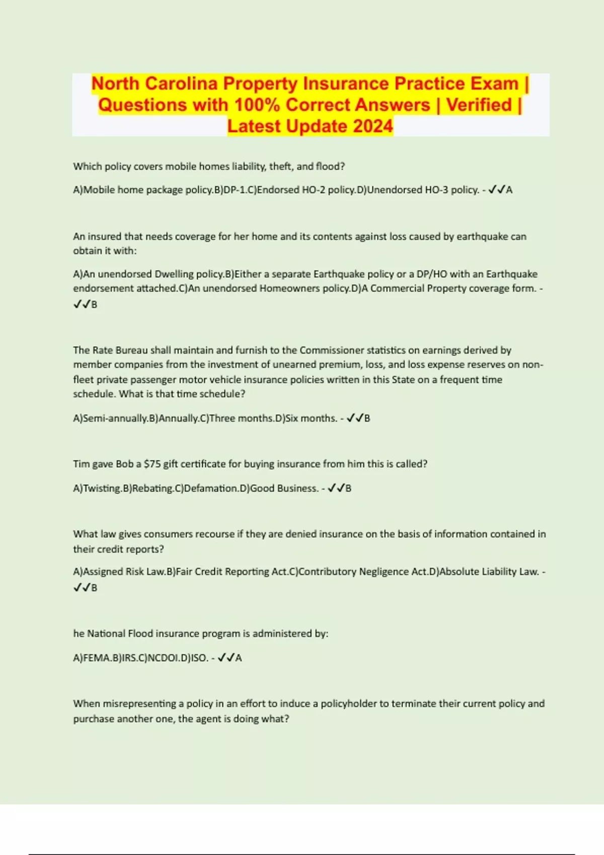 North Carolina Property Insurance Practice Exam | Questions with 100% Correct Answers | Verified ...