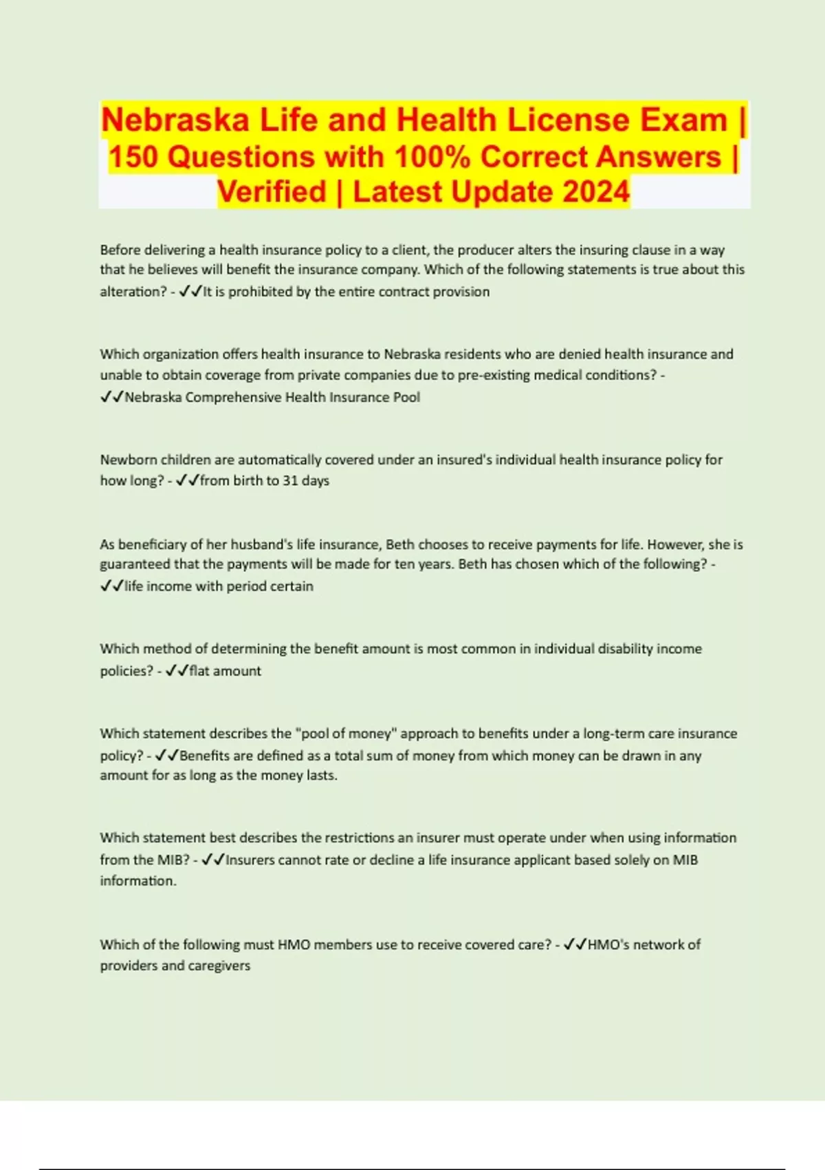 Nebraska Life and Health License Exam | 150 Questions with 100% Correct ...