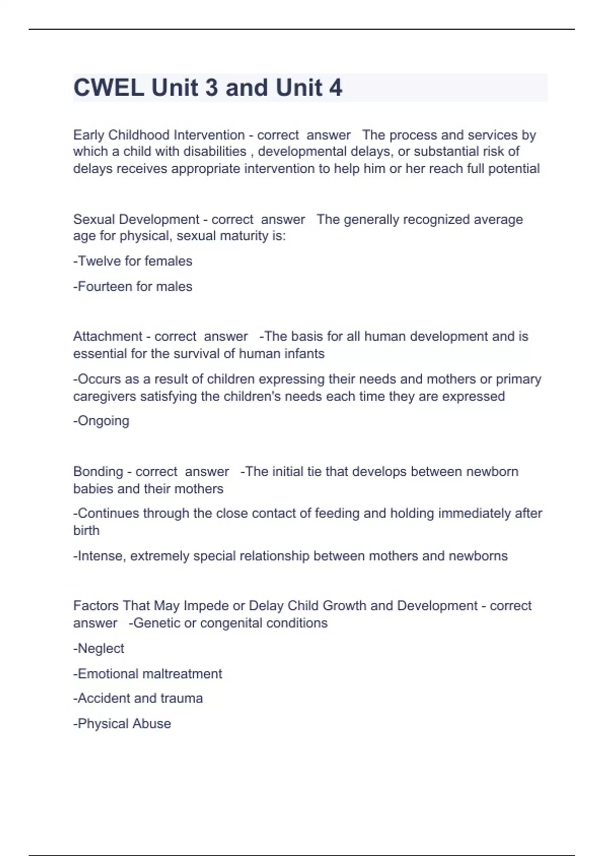 CWEL Unit 3 and Unit 4 Question and answers 100% correct 2023/2024 - CWEL - Stuvia US