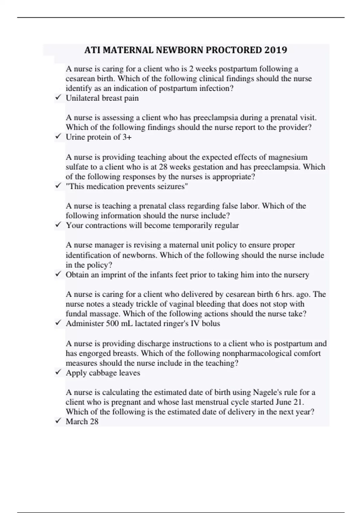 Maternal Newborn ATI/ VATI RN Maternal Newborn/ ATI Nursing Care of ...