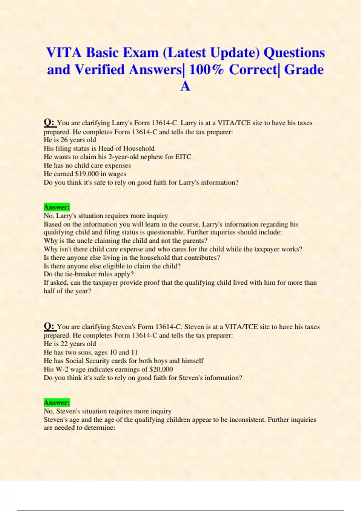 VITA Basic Exam (Latest Update) Questions and Verified Answers| 100% ...