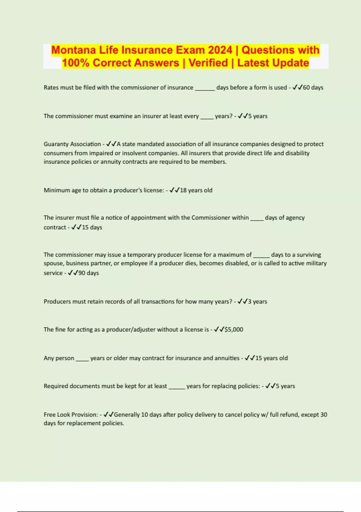 Montana Life Insurance Exam 2024 | Questions with 100% Correct Answers ...