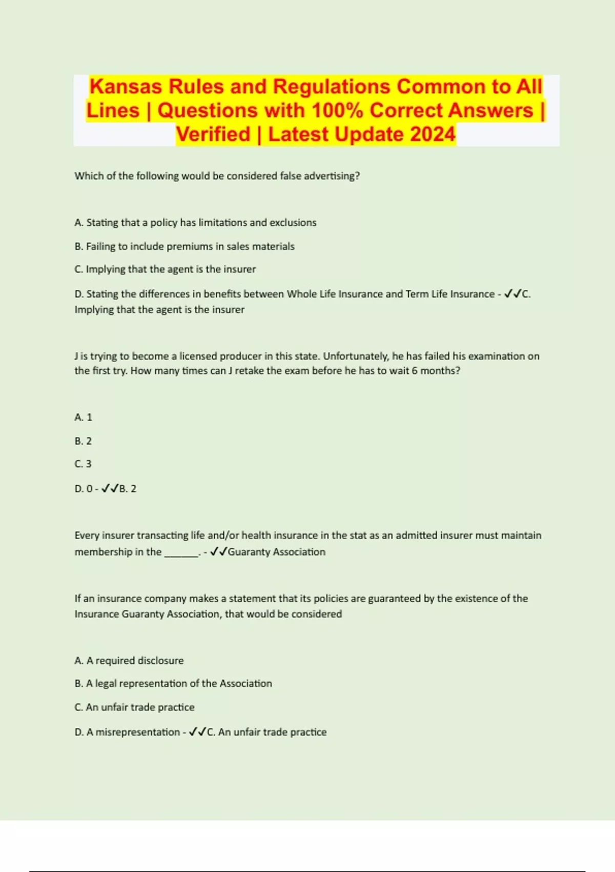 Kansas Rules and Regulations Common to All Lines | Questions with 100% ...