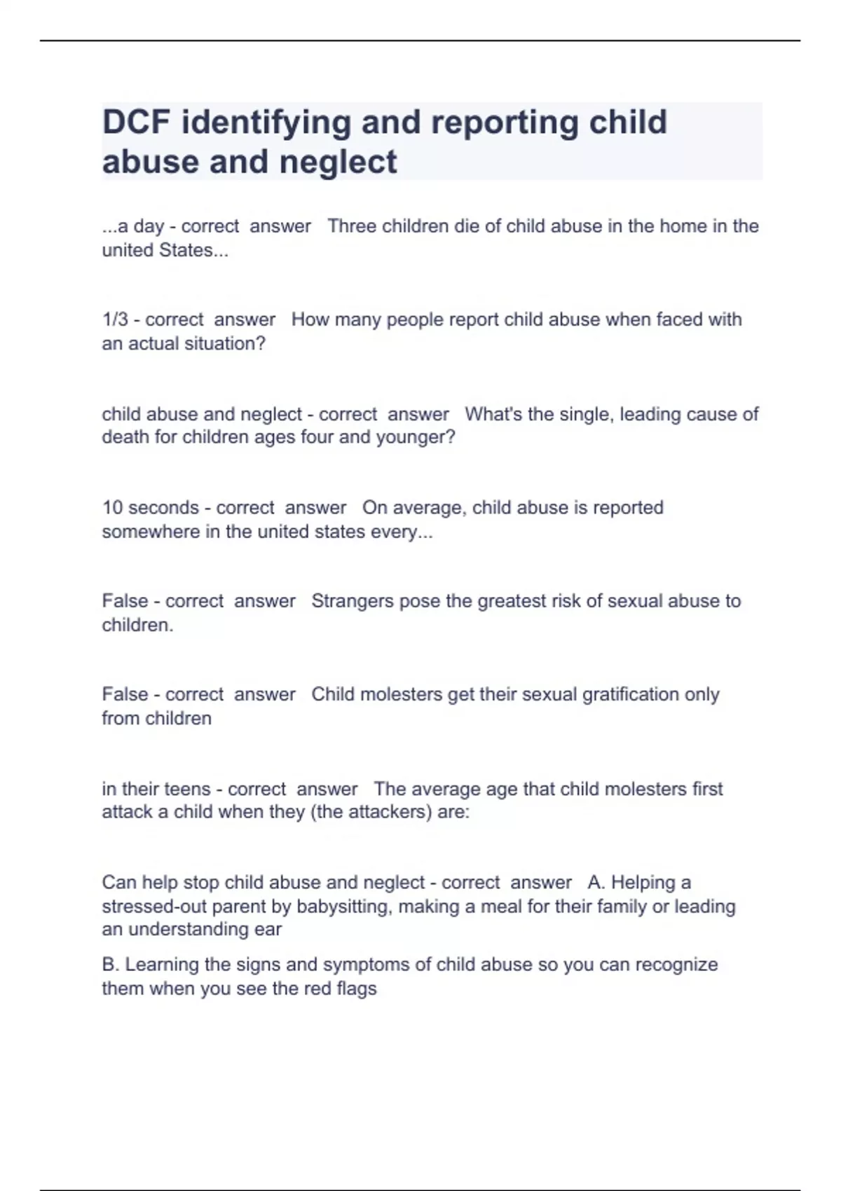 DCF identifying and reporting child abuse and neglect Question and answers 100% correct 2023/ ...