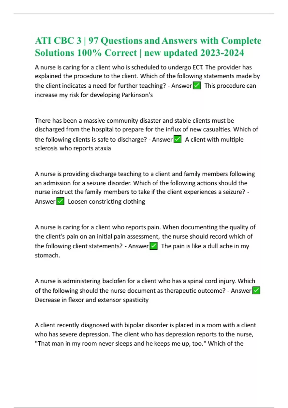 ATI CBC 3 | 97 Questions and Answers with Complete Solutions 100% ...