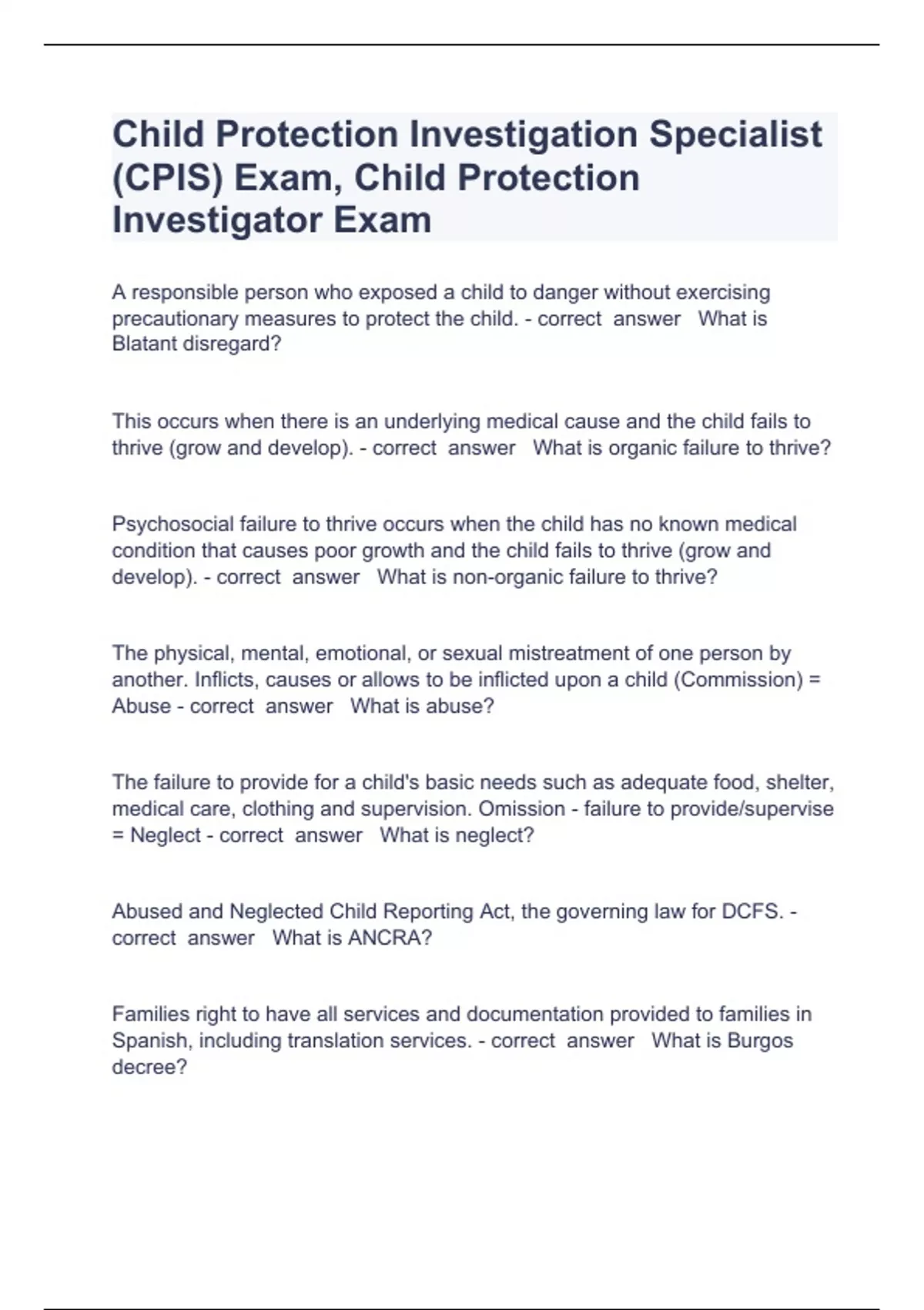 Child Protection Investigation Specialist Question and answers rated A+ ...