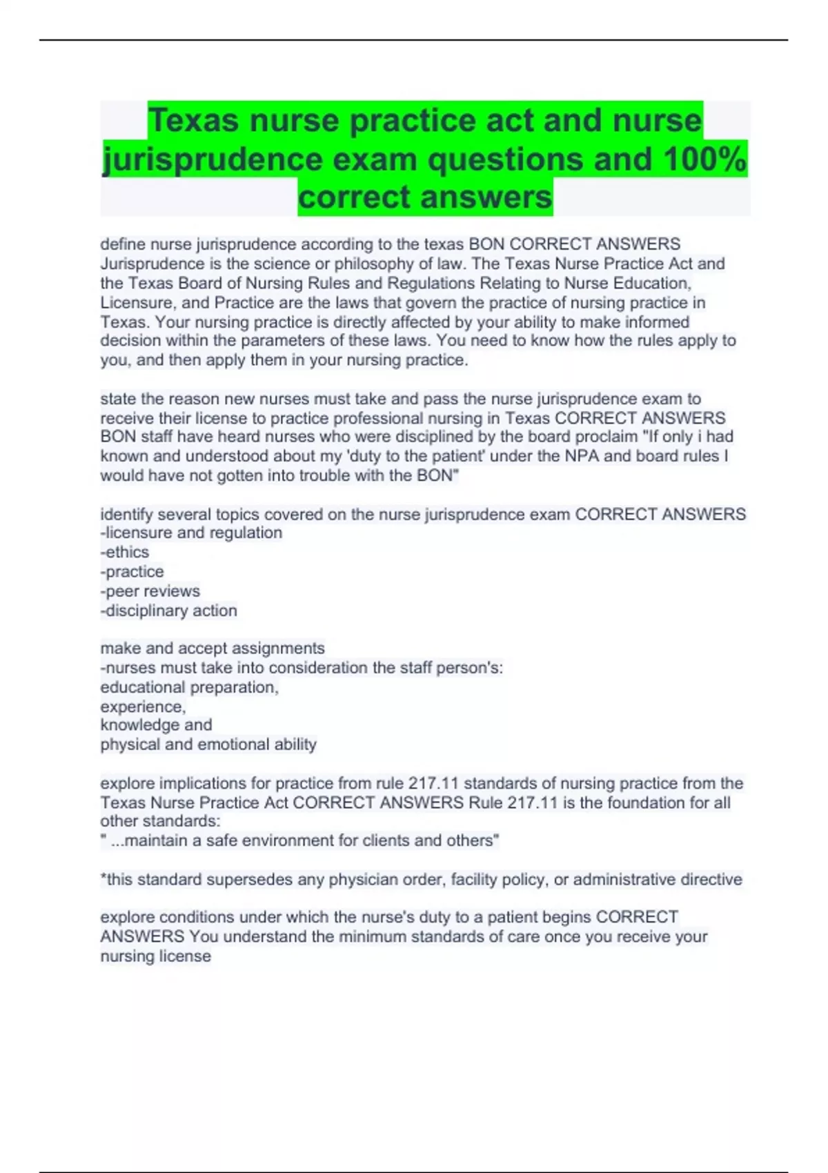 Texas nurse practice act and nurse jurisprudence exam questions and 100 ...