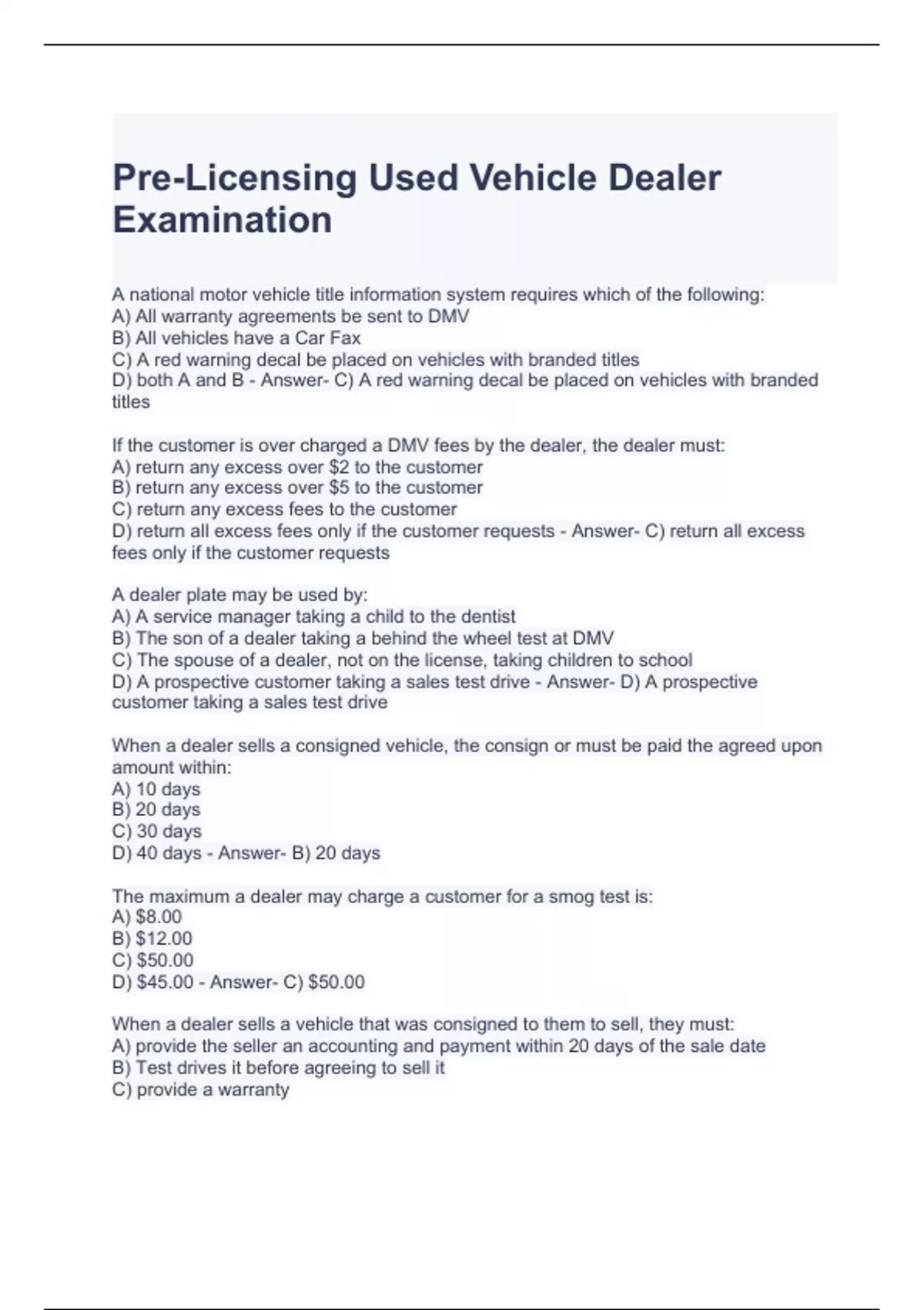 Pre-Licensing Used Vehicle Dealer Examination Questions and Answers ...